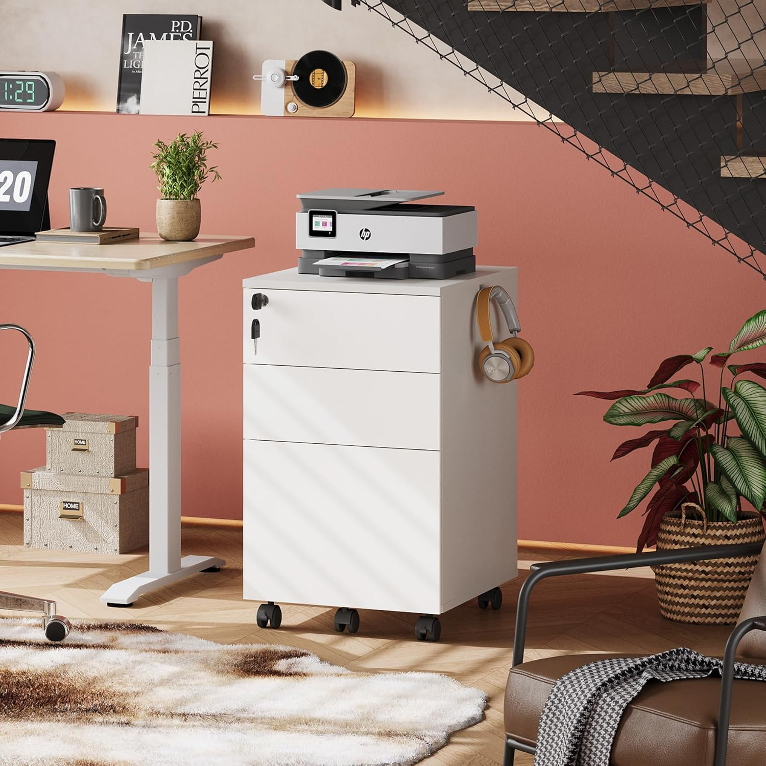 Inbox Zero 3 Drawer Rolling File Cabinet With Lock, Wood Under Desk ...