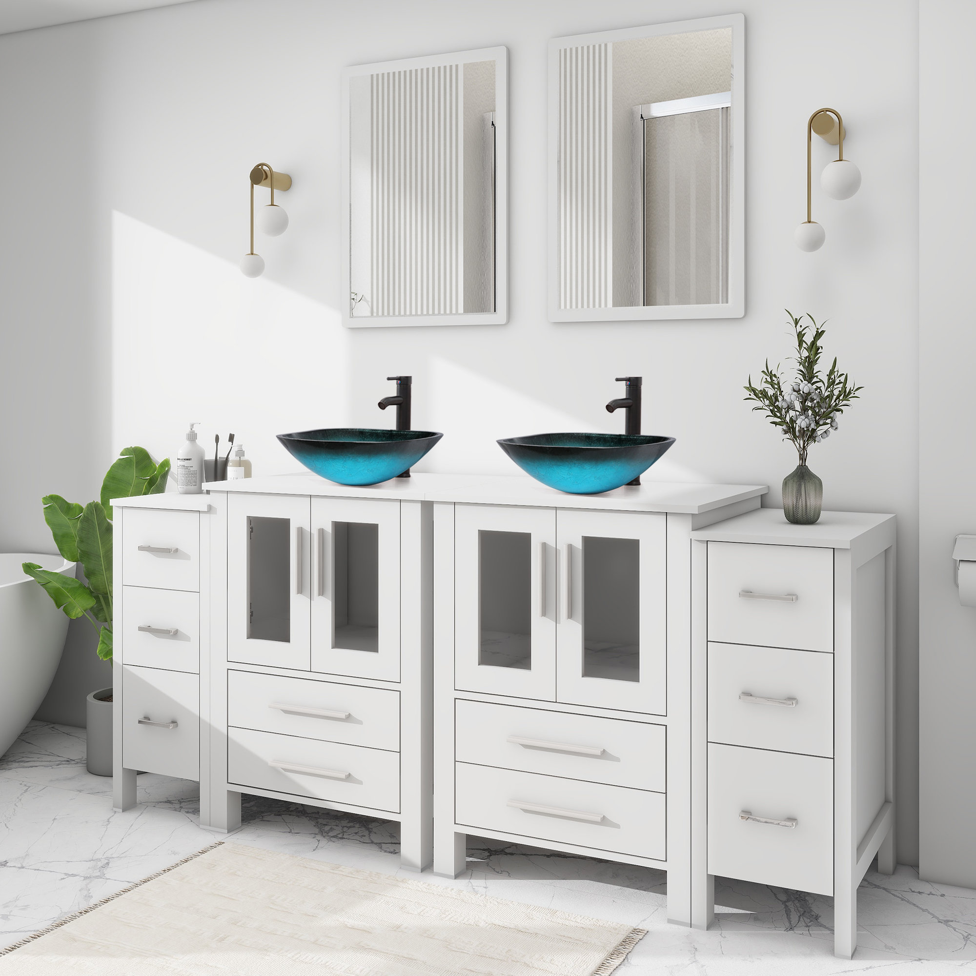 Latitude Run® Naseer 72" Double Bathroom Vanity Set with Glass Sink Top ...