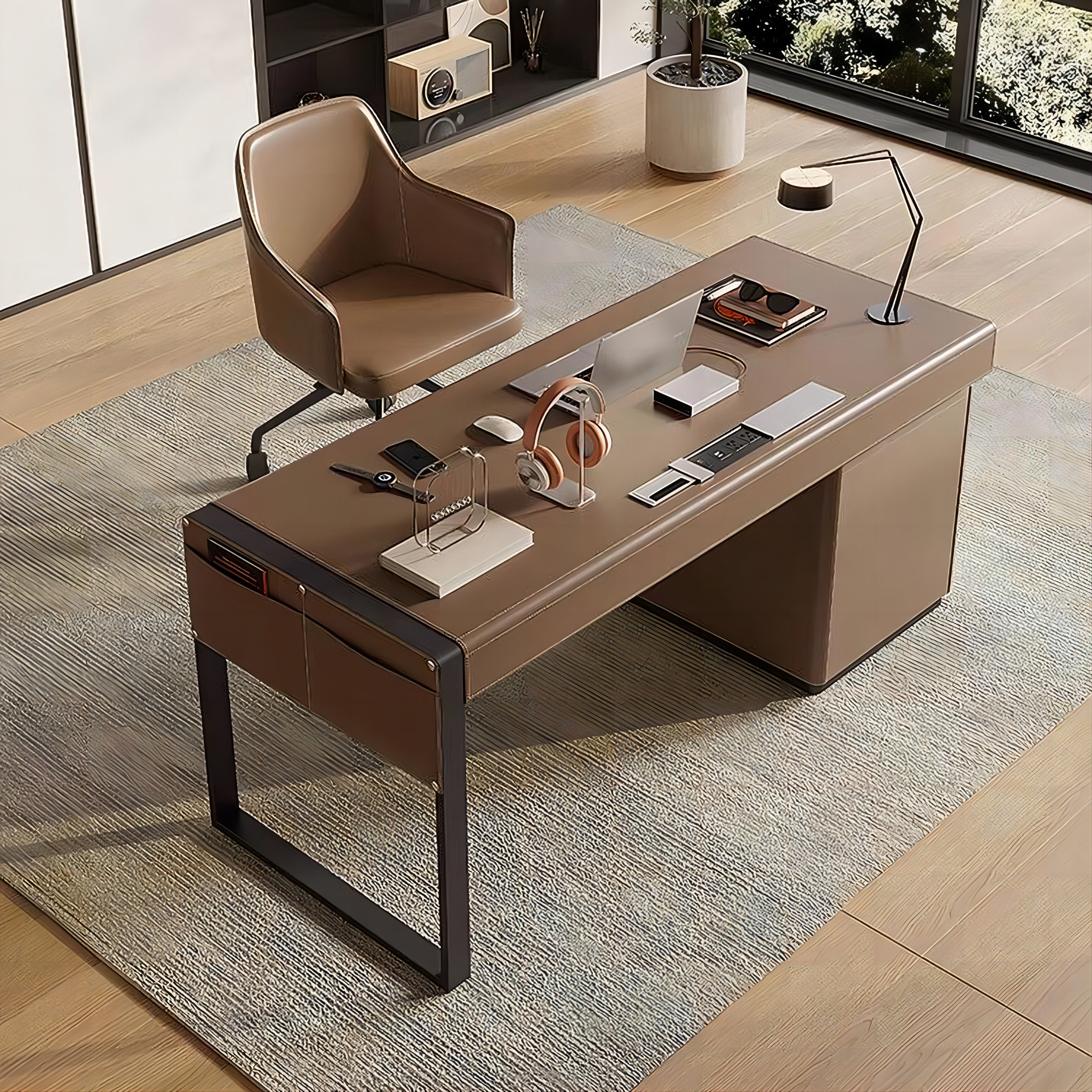 Hokku Designs 55.12" Brown Rectangular Saddle Leather Desk Office Sets ...