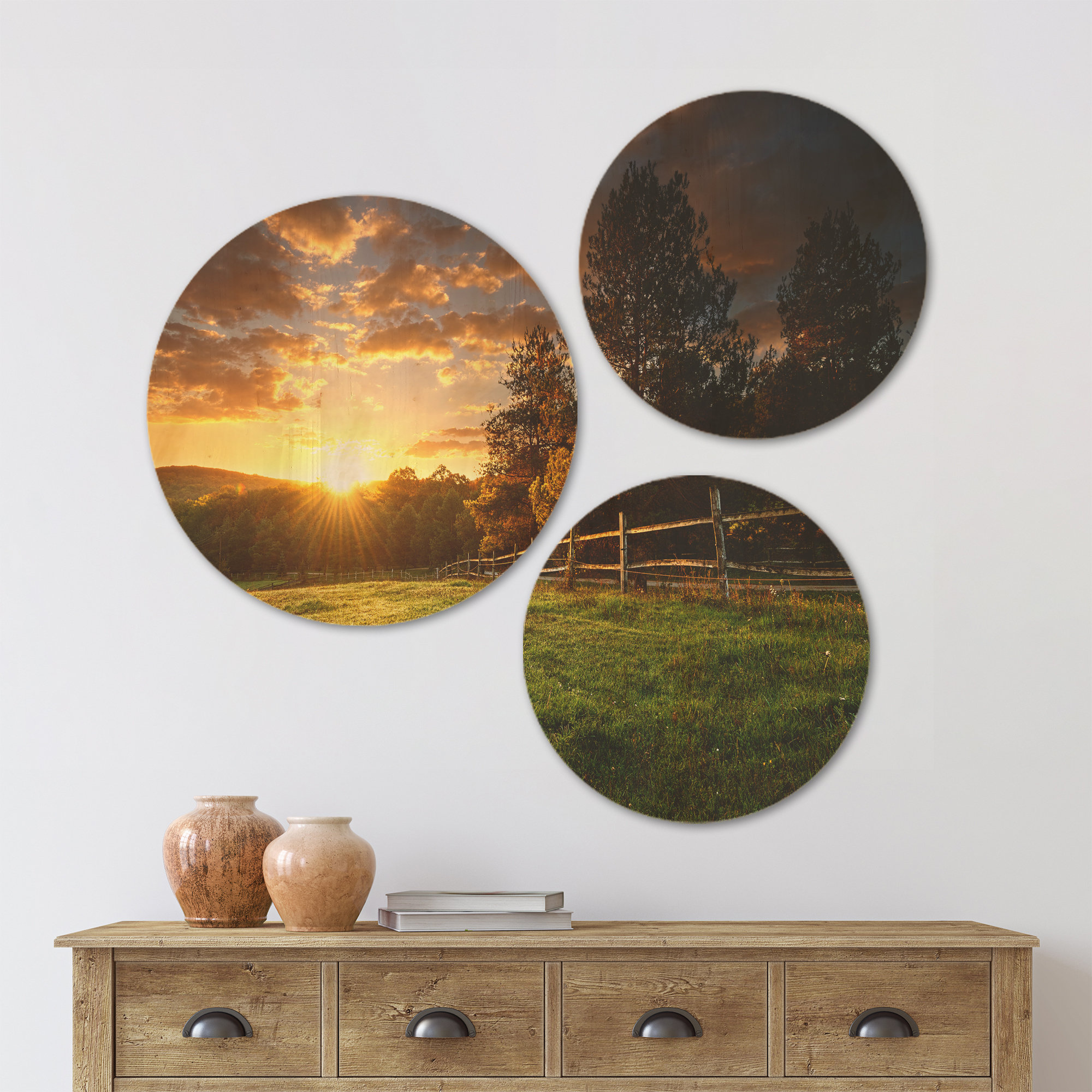 East Urban Home Designart 'Fenced Ranch At Sunrise' Landscape Wood Wall ...