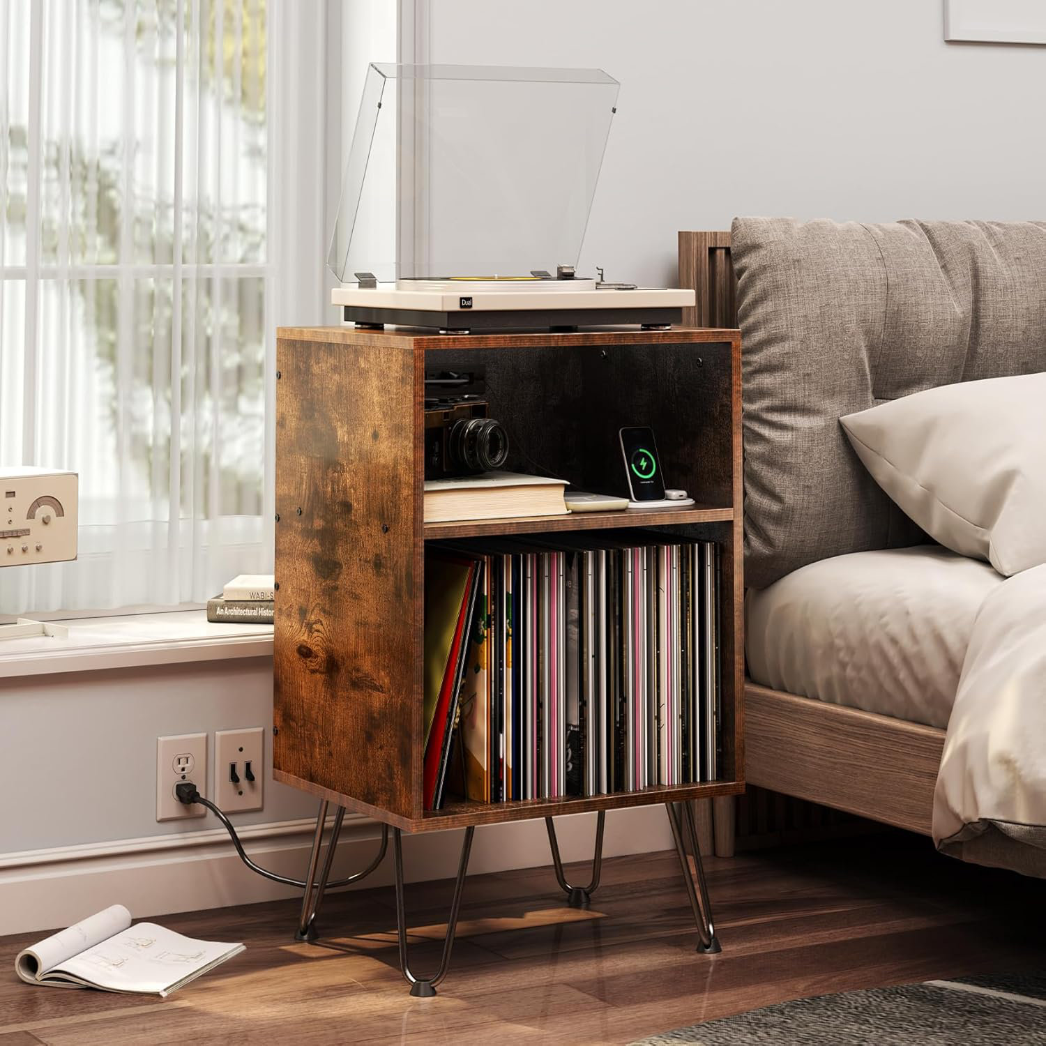 Millwood Pines Record Player Stand With Charging Station & USB Ports ...