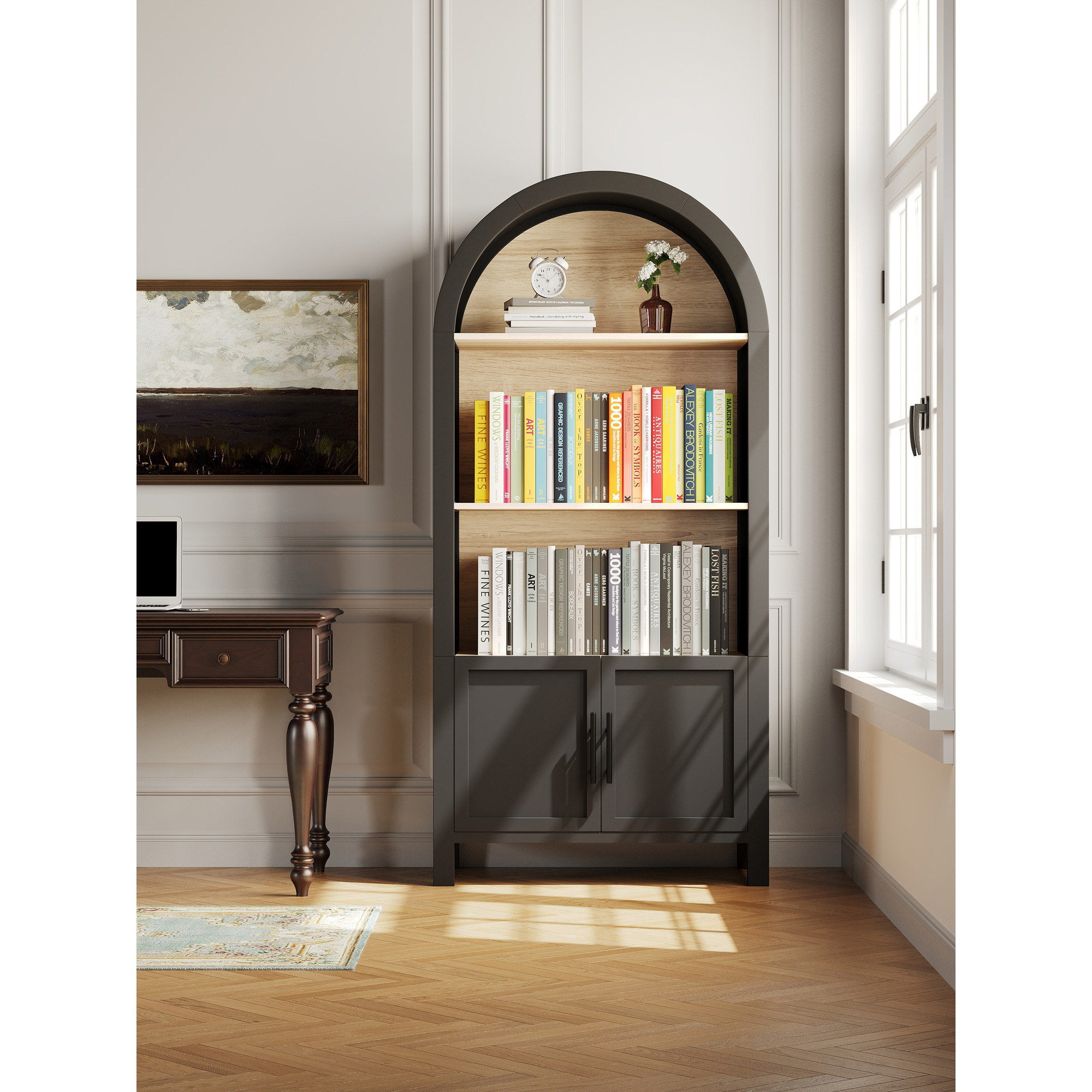 Hokku Designs 66.70 inch Tall Arched Bookcase with Storage, Mid-Century ...