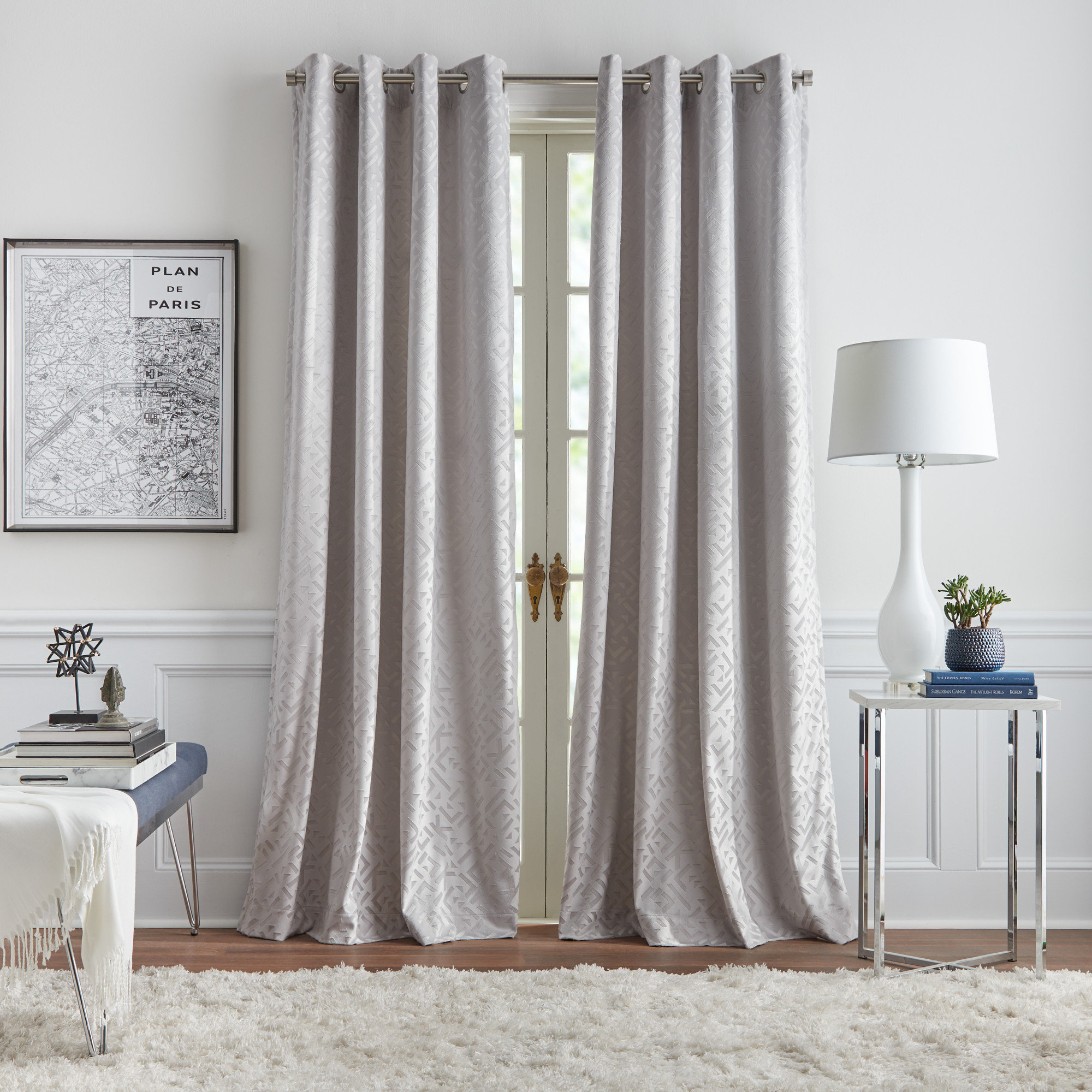 Karl Lagerfeld Paris Embossed Blackout 95" Grommet Lined Silver Curtain ...