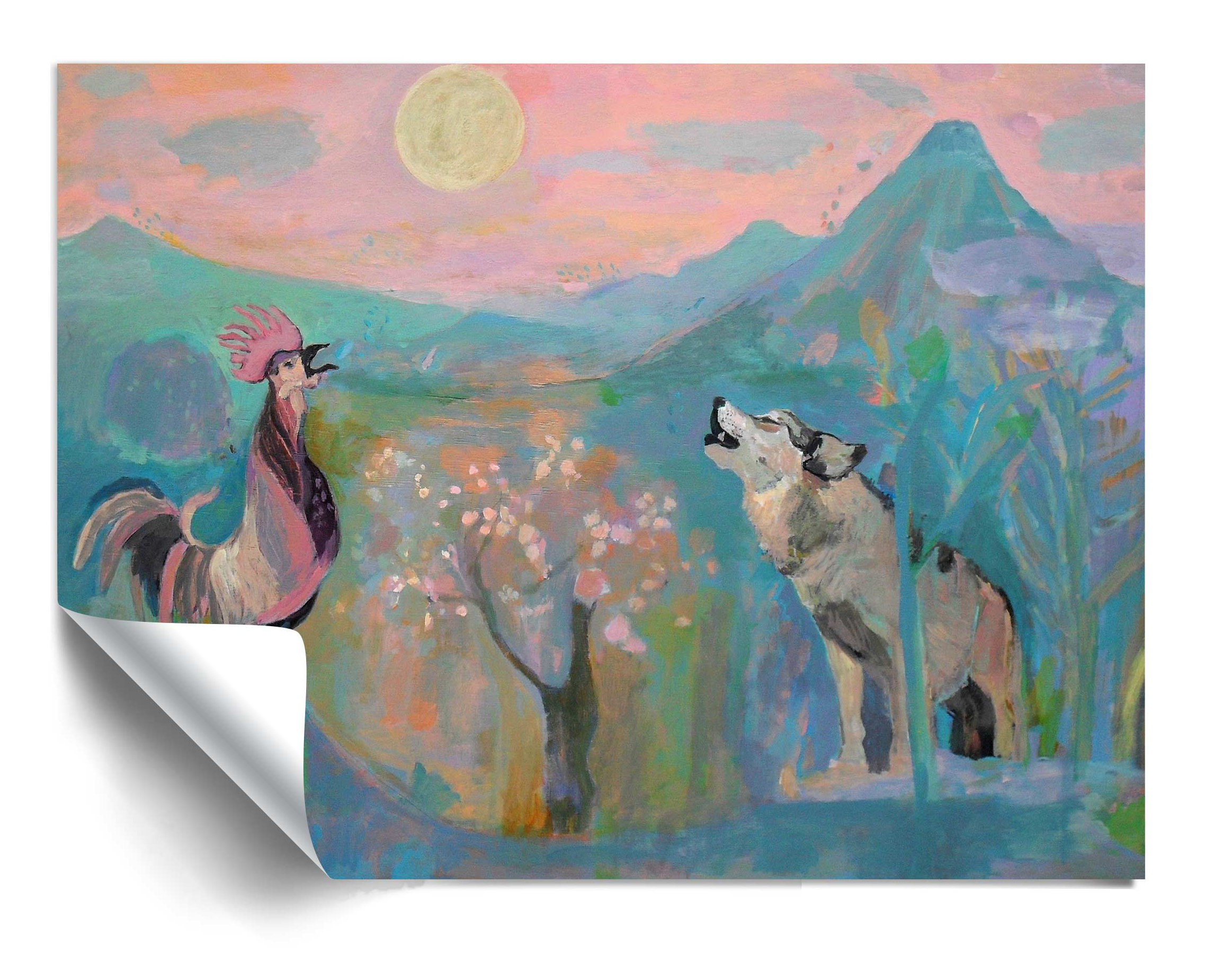 Ebern Designs Zayden the Wolf and the Rooster Sing by Moonlight Wall ...