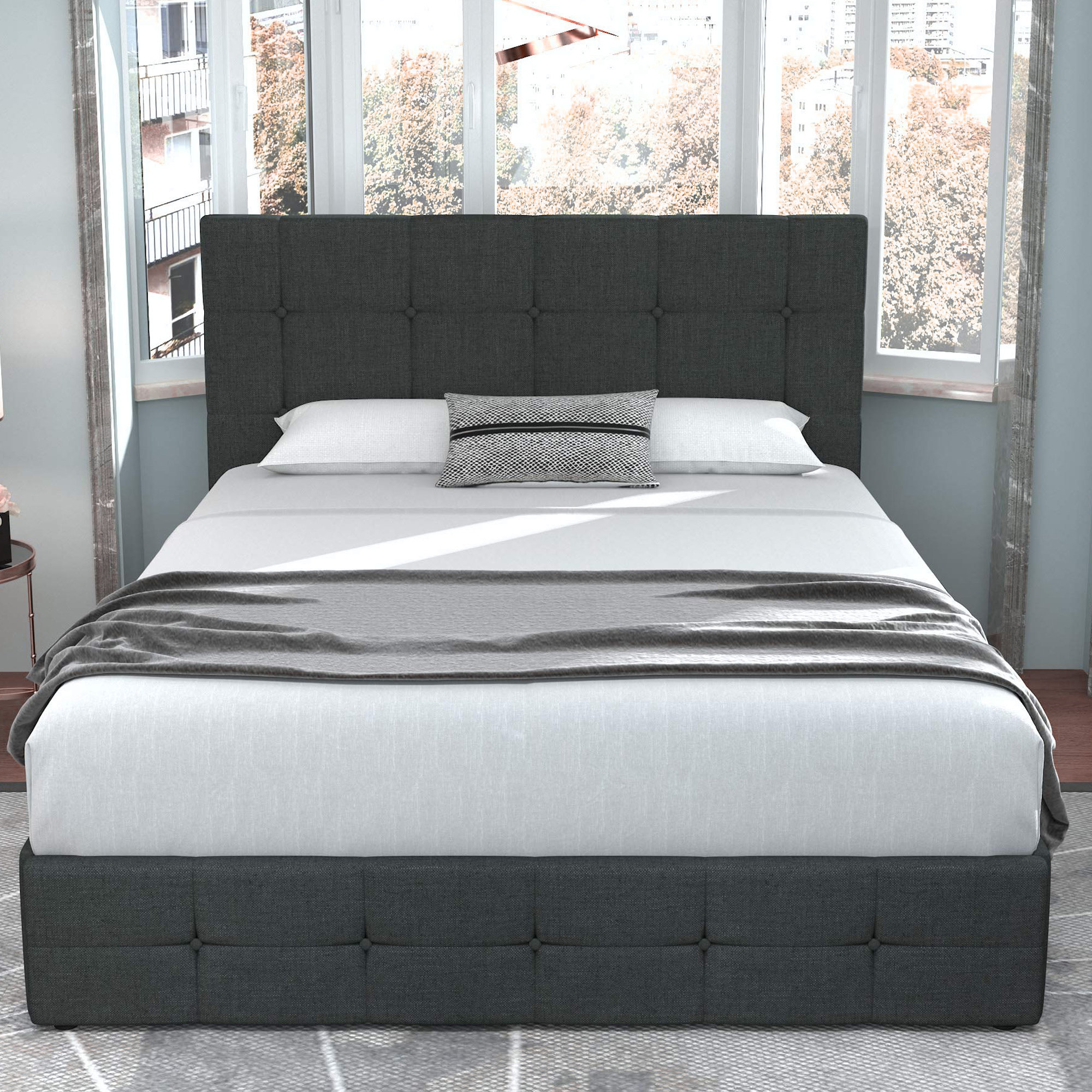 PSWY Structure de lit tapissier gris clair avec 4 tiroirs de rangement ...