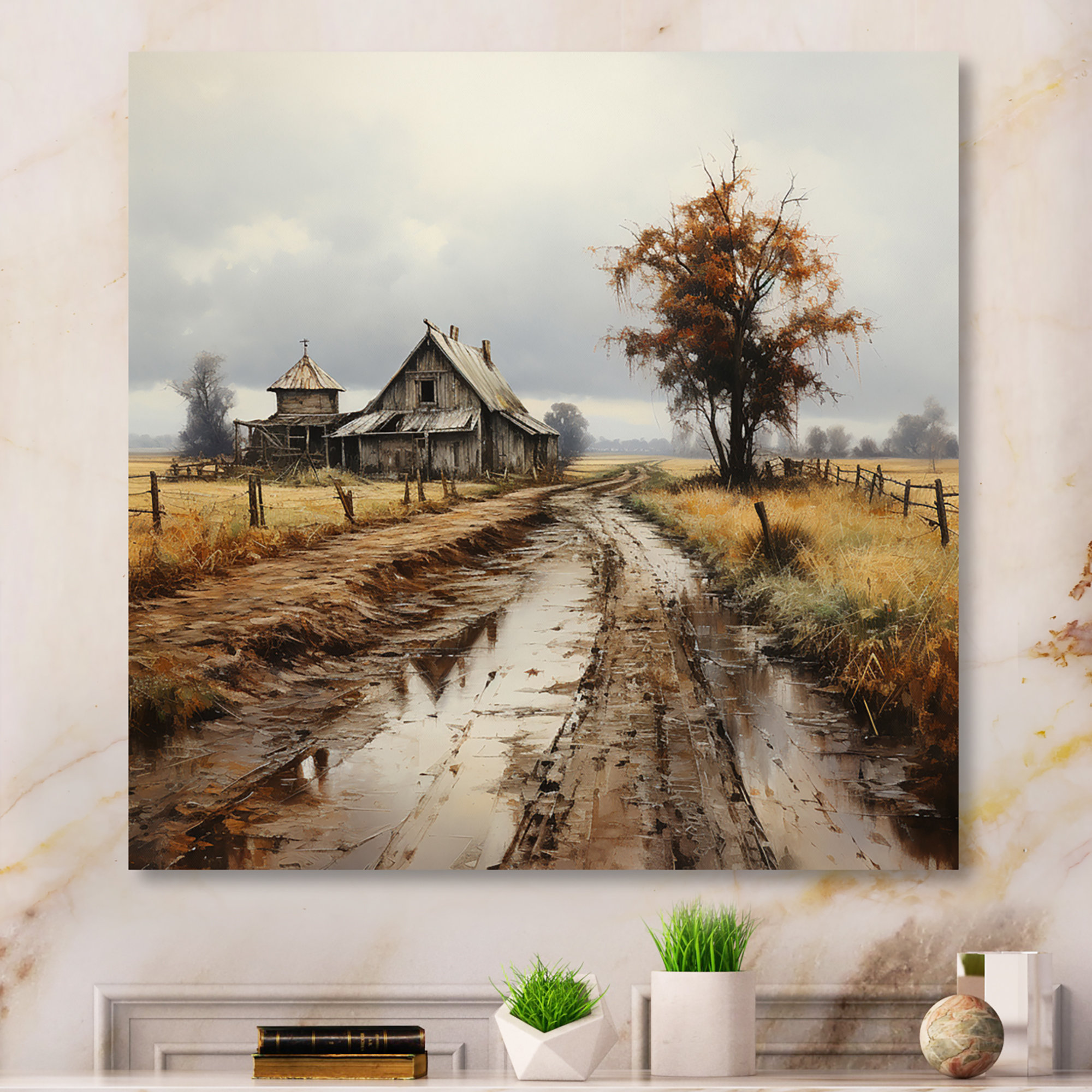 August Grove® Barns Misty Morning - Countryside Metal Wall Art | Wayfair