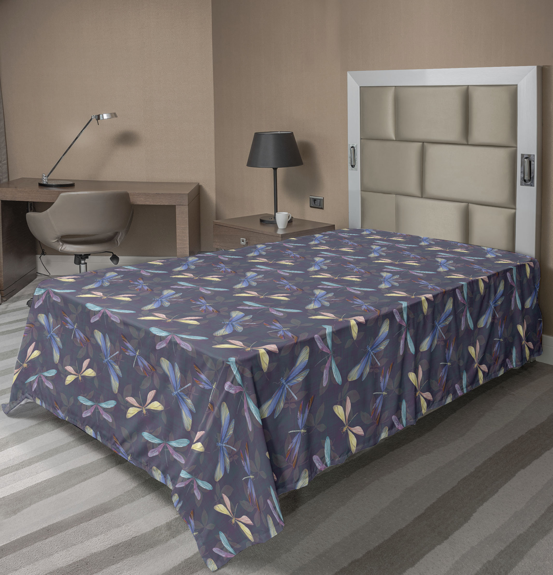 Ambesonne Nature Art Flat Sheet Dragonfly Modern Botany Plum Teal and ...