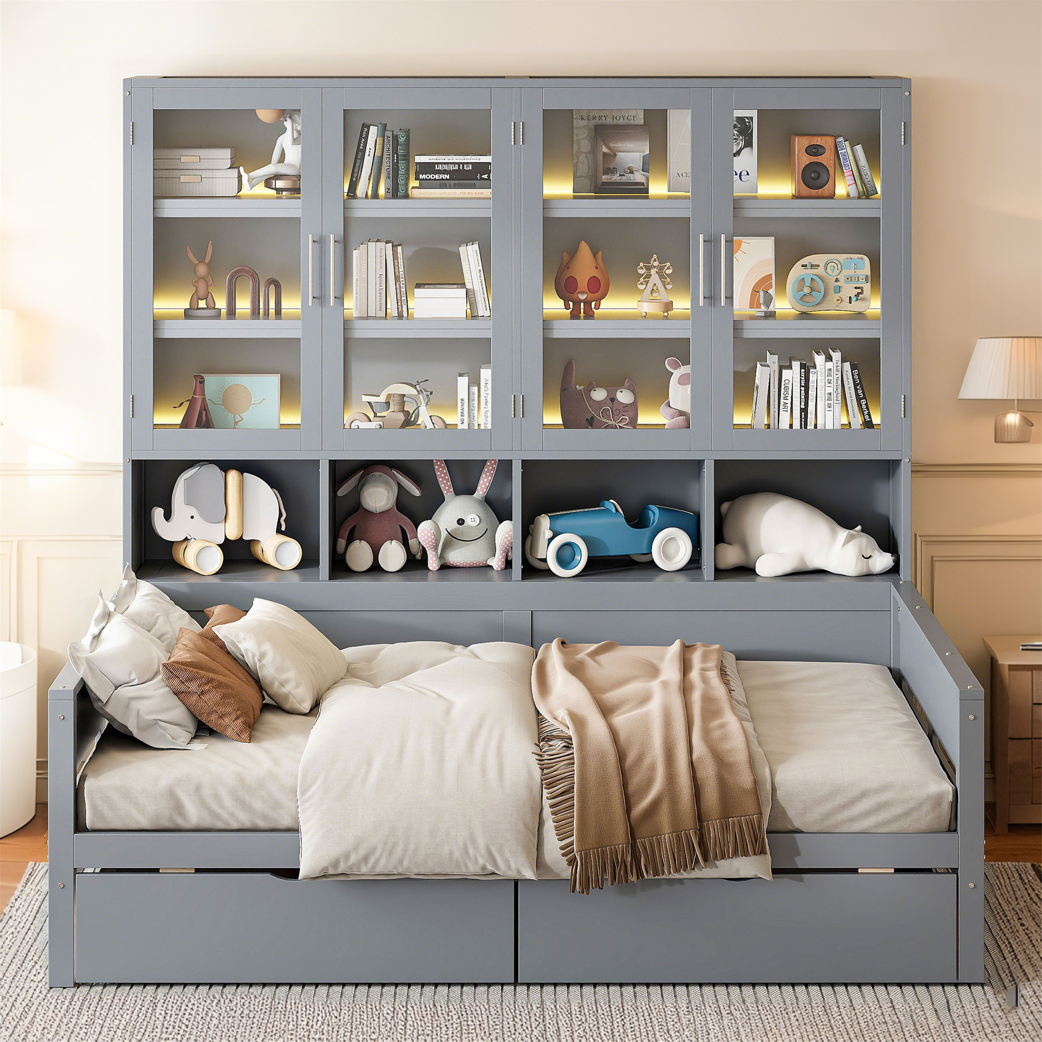 Ivy Bronx Mid-Century Wooden Storage Bed with Cabinet and Built-in LED ...