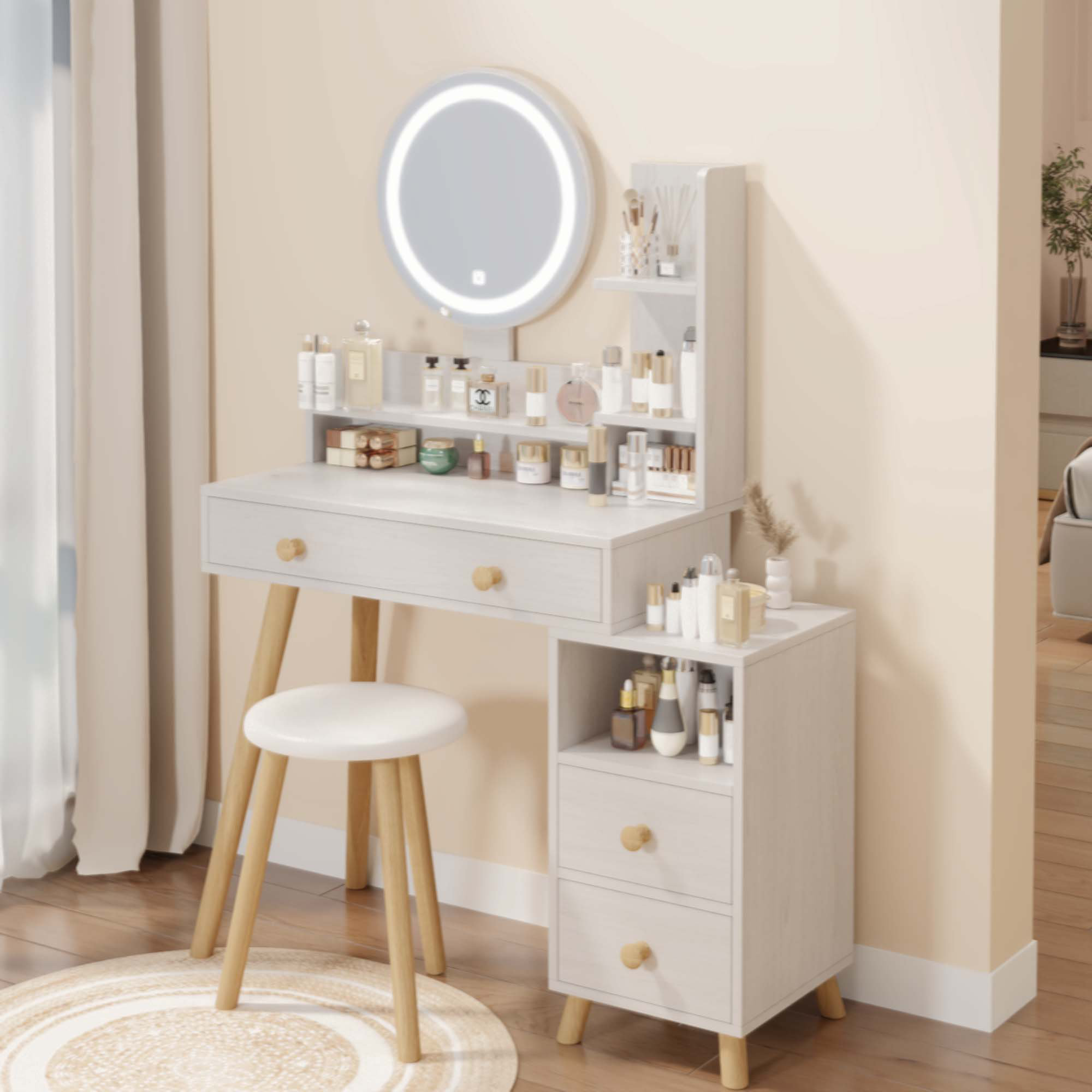 George Oliver Round Mirror Bedside Cabinet Vanity Table + Cushioned ...