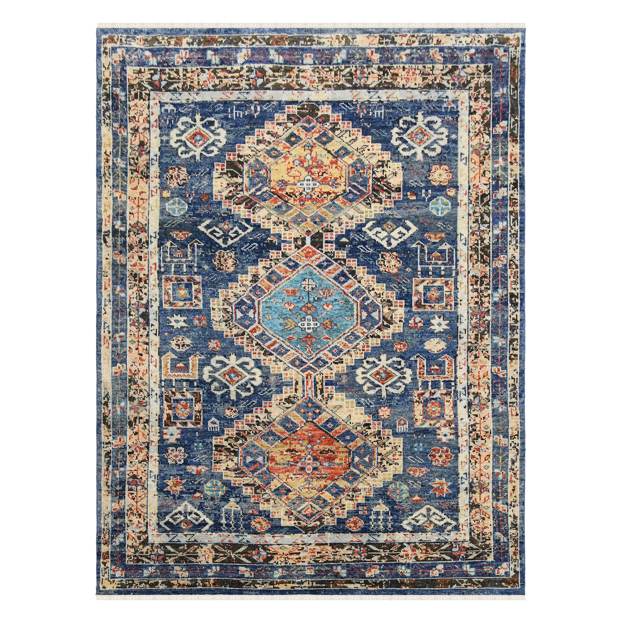 Bungalow Rose Hassib Southwestern Hand-Knotted Wool Blue Area Rug ...