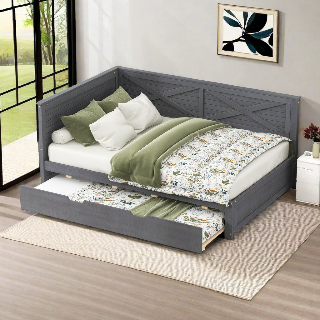 Gracie Oaks Twin Size Wood Daybed With Trundle And Rustic Guardrail ...