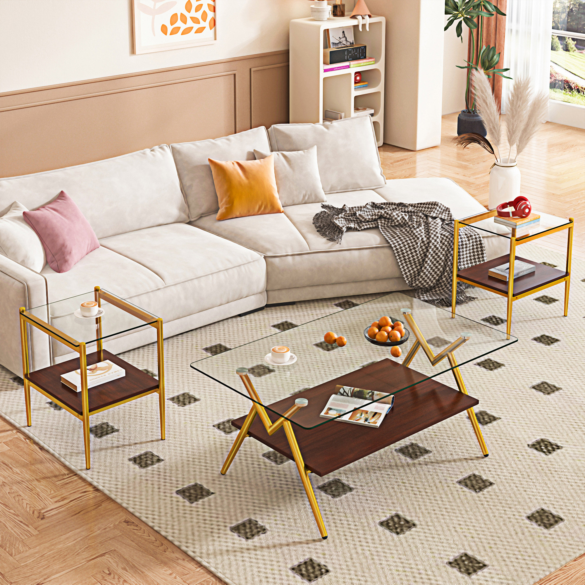 Mercer41 Coffee Table and End tables Set of 3, Tempered Glass Table ...