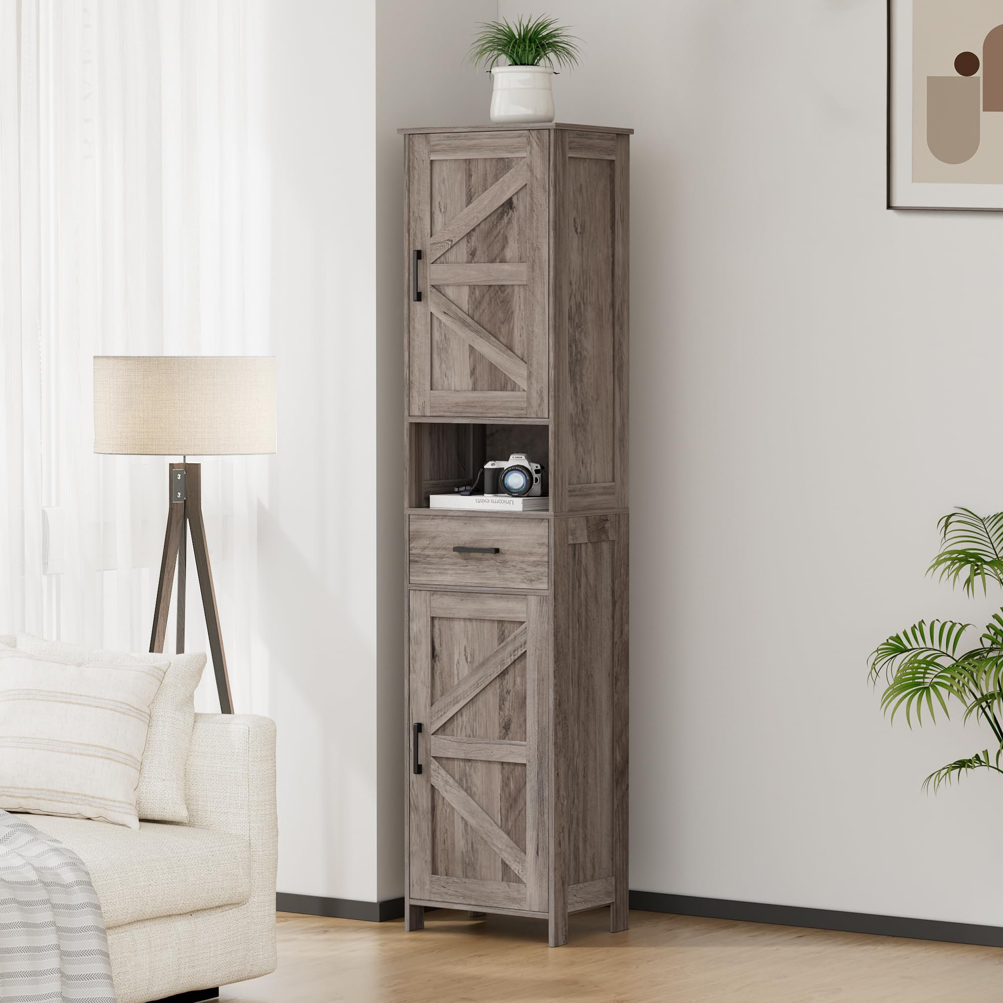 Gracie Oaks 67" H Tall Bathroom Storage Cabinet With 2 Barn Doors And 1 ...