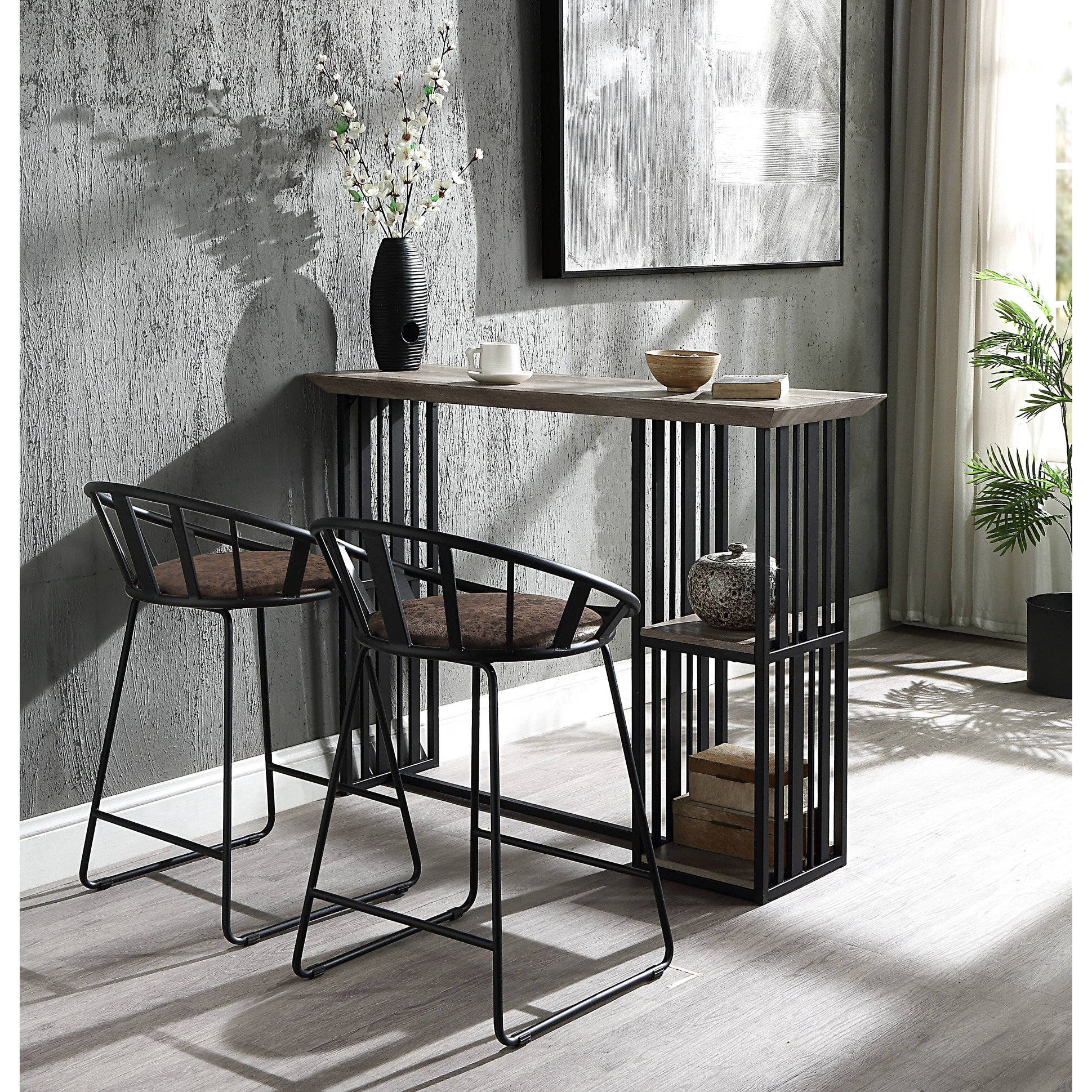 17 Stories Counter Height Table With Slatted Base - 2 Shelves, Oak ...