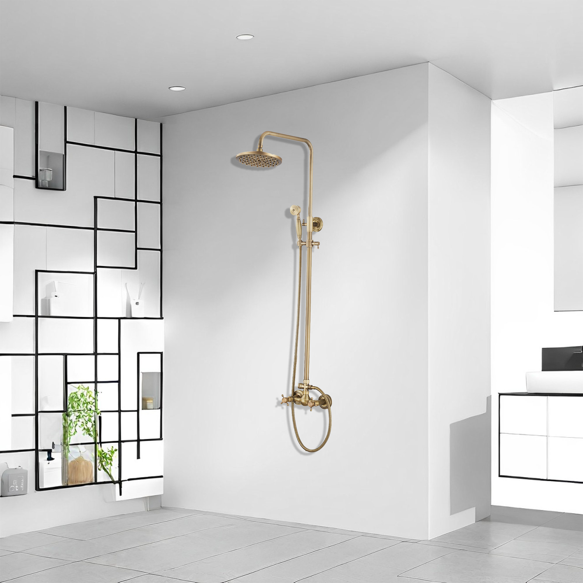 UFINE 9999-ORB Rain Shower System Set 2 Knobs Mixing 8 Inch Round Rainfall Shower Head With ...