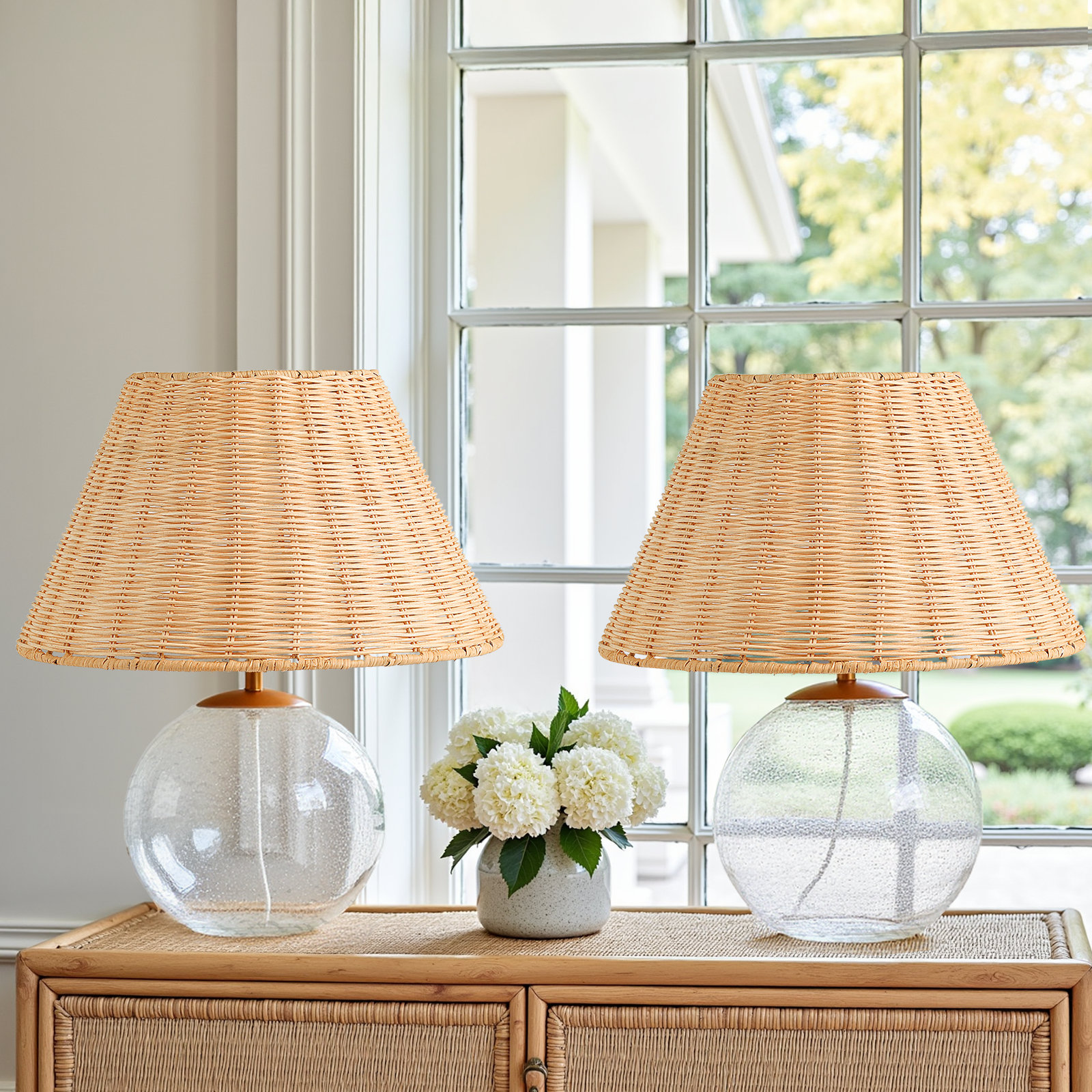 AKASUKI 17" Boho Table Lamp Set– Hammered Glass Base & Handwoven Rattan ...