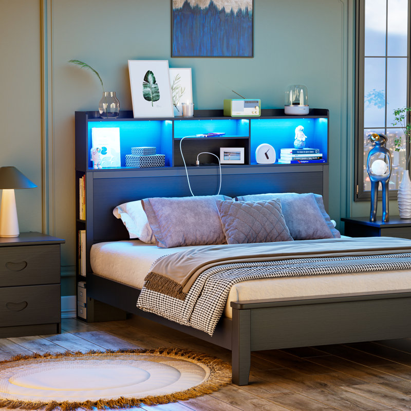 Latitude Run® Sayaan LED Queen Headboard with USB Ports and Side Shelf ...