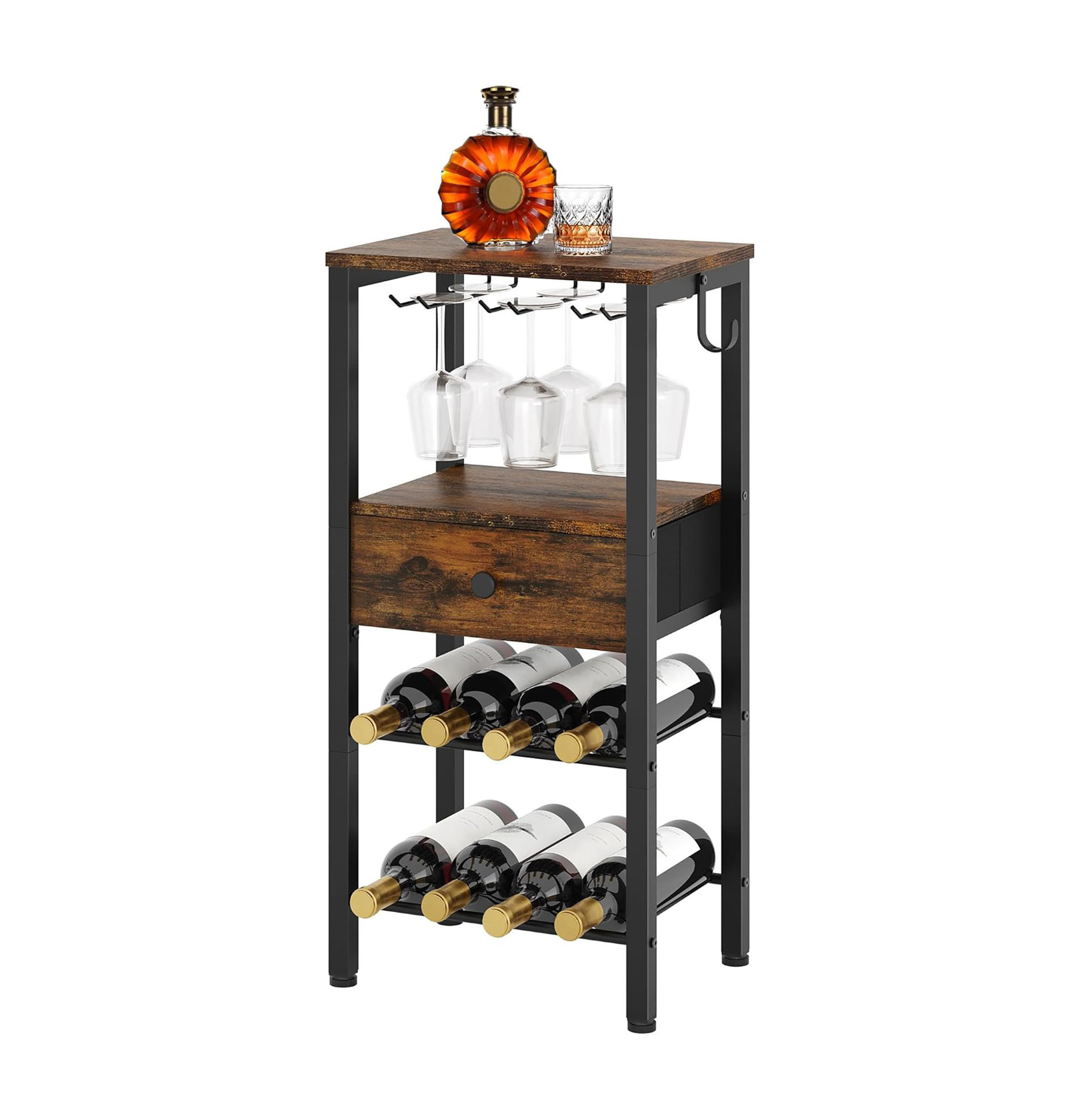 17 Stories 2 Tier Wine Rack Table With Drawer And Hook, 8-Bottle Wine ...