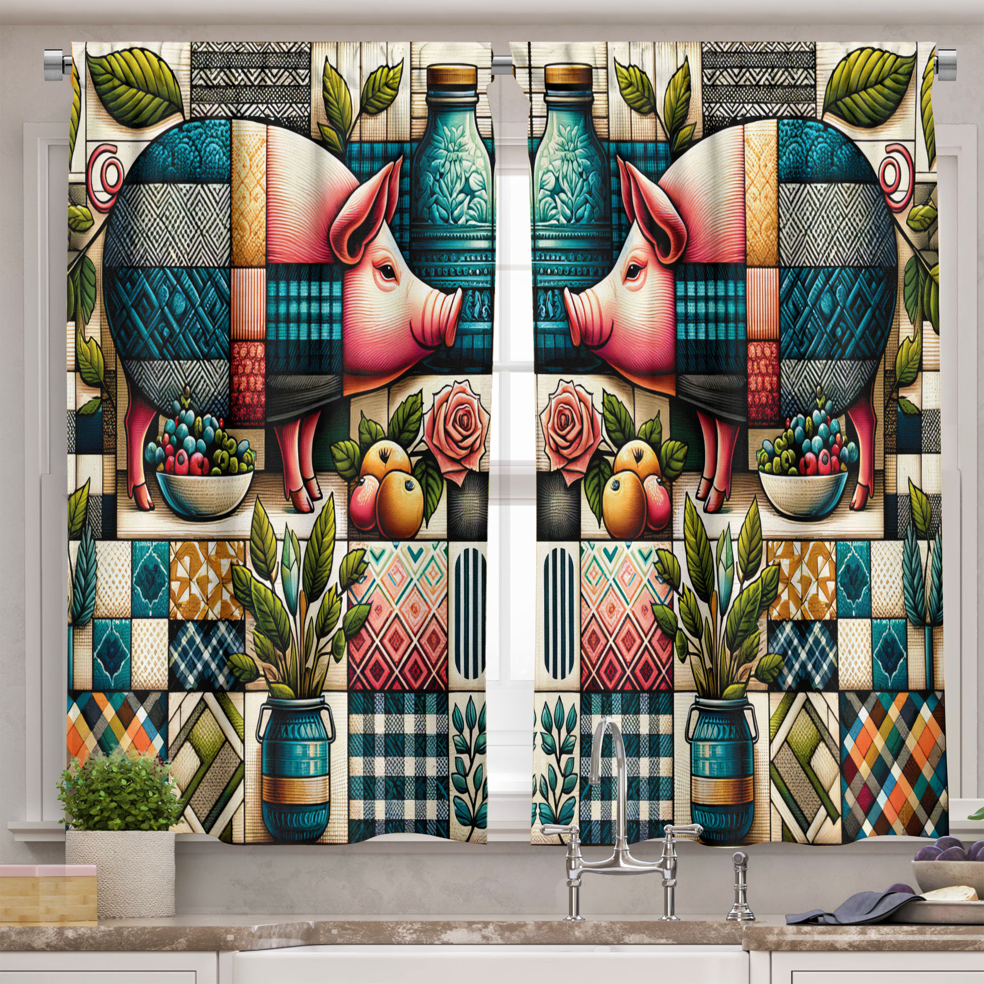 Ambesonne Farmhouse Valance & Curtain Boho Mosaic Pig Fruits Teal Pink ...