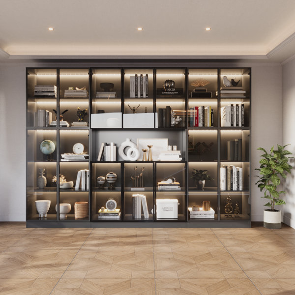 Hokku Designs 110 '' W Black Combination Bookcase With Glass Doors And ...