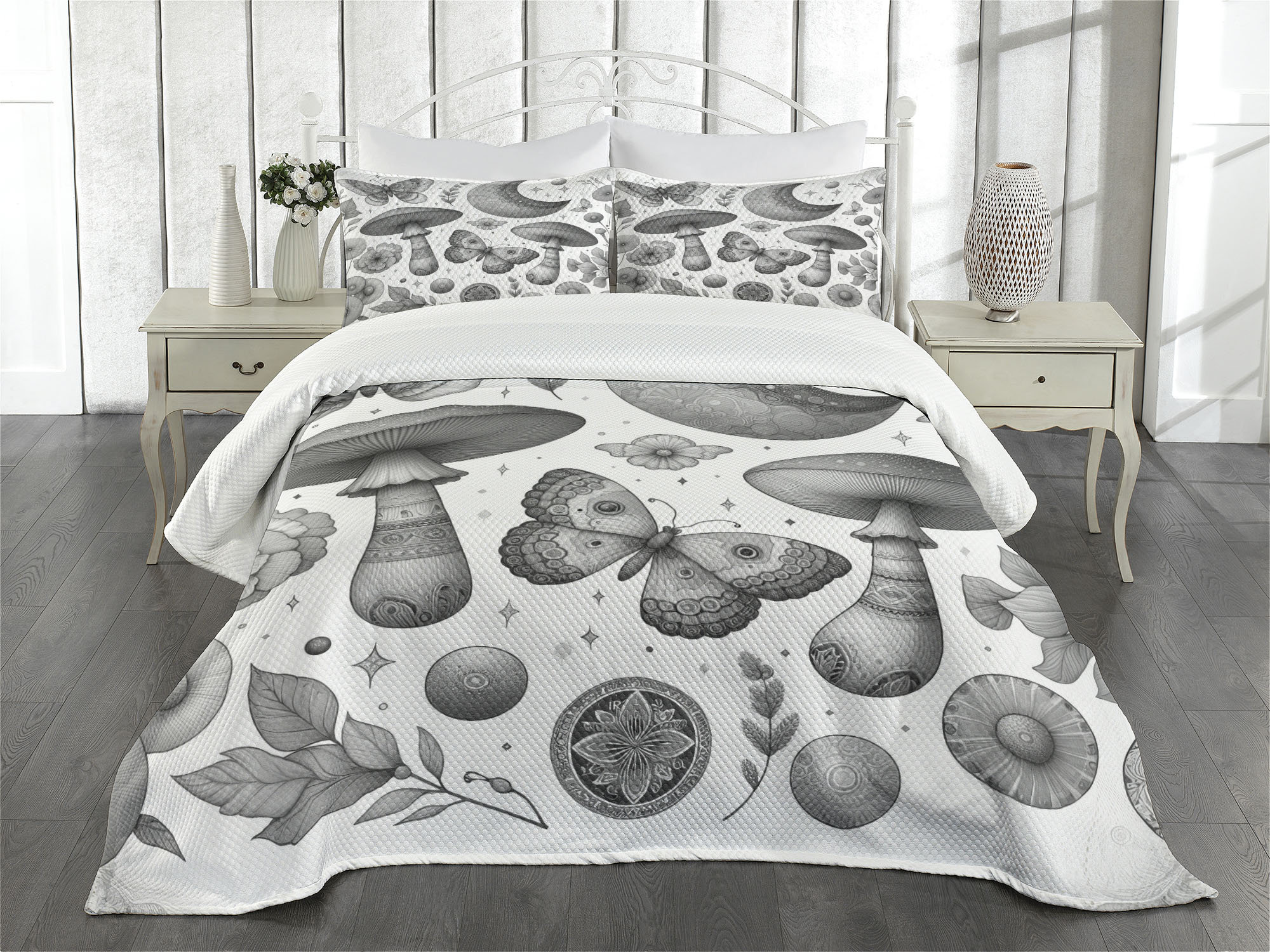 Ambesonne Grey Bedspread Set Medieval Nature Moth Moon Leaf Dark Taupe ...