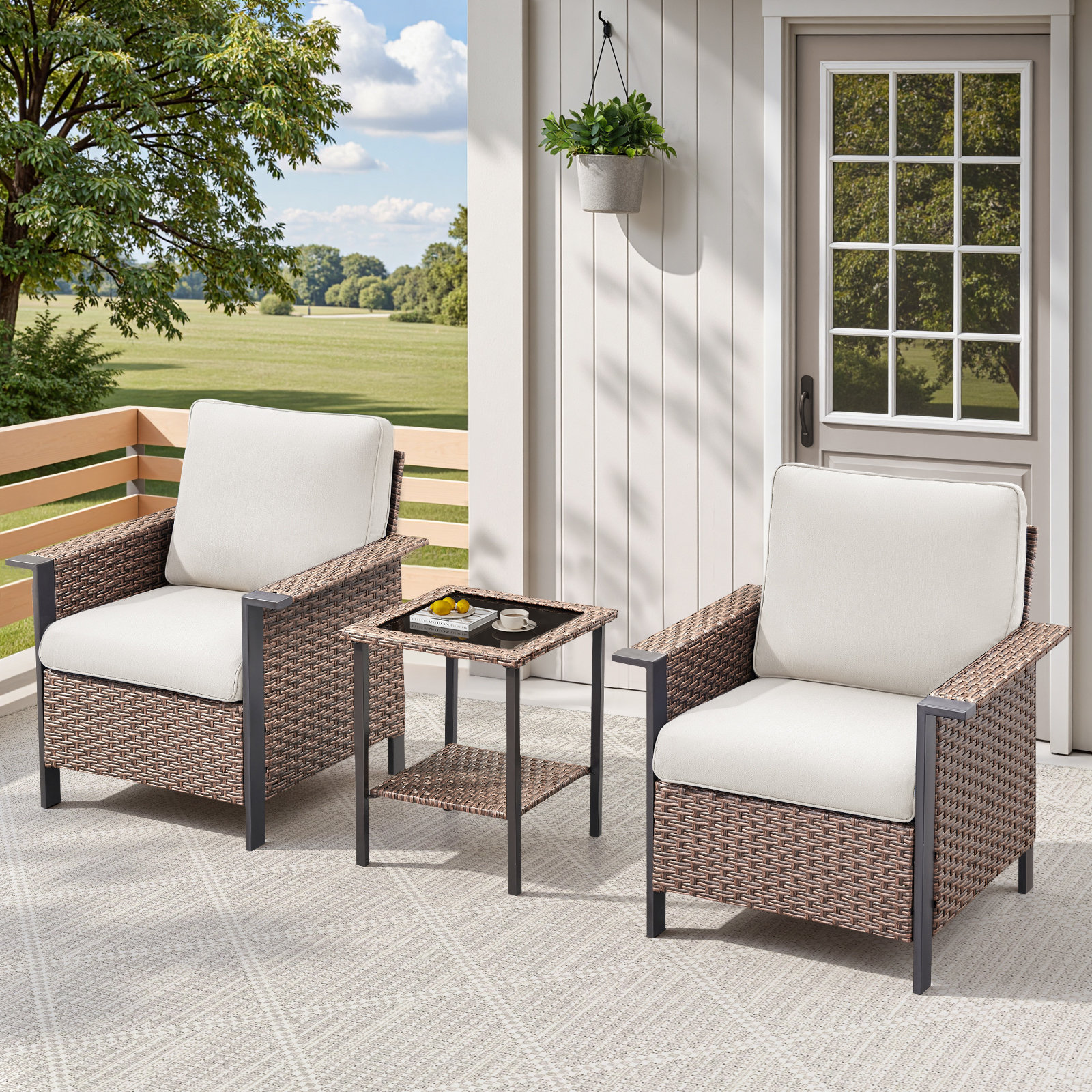 Highland Dunes Patio Porch Furniture Sets Of 3, PE Wicker Chairs All ...