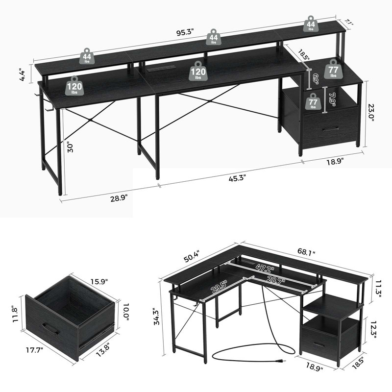 Inbox Zero Kurtiss 68" L Shaped Computer Desk with File Drawer with ...