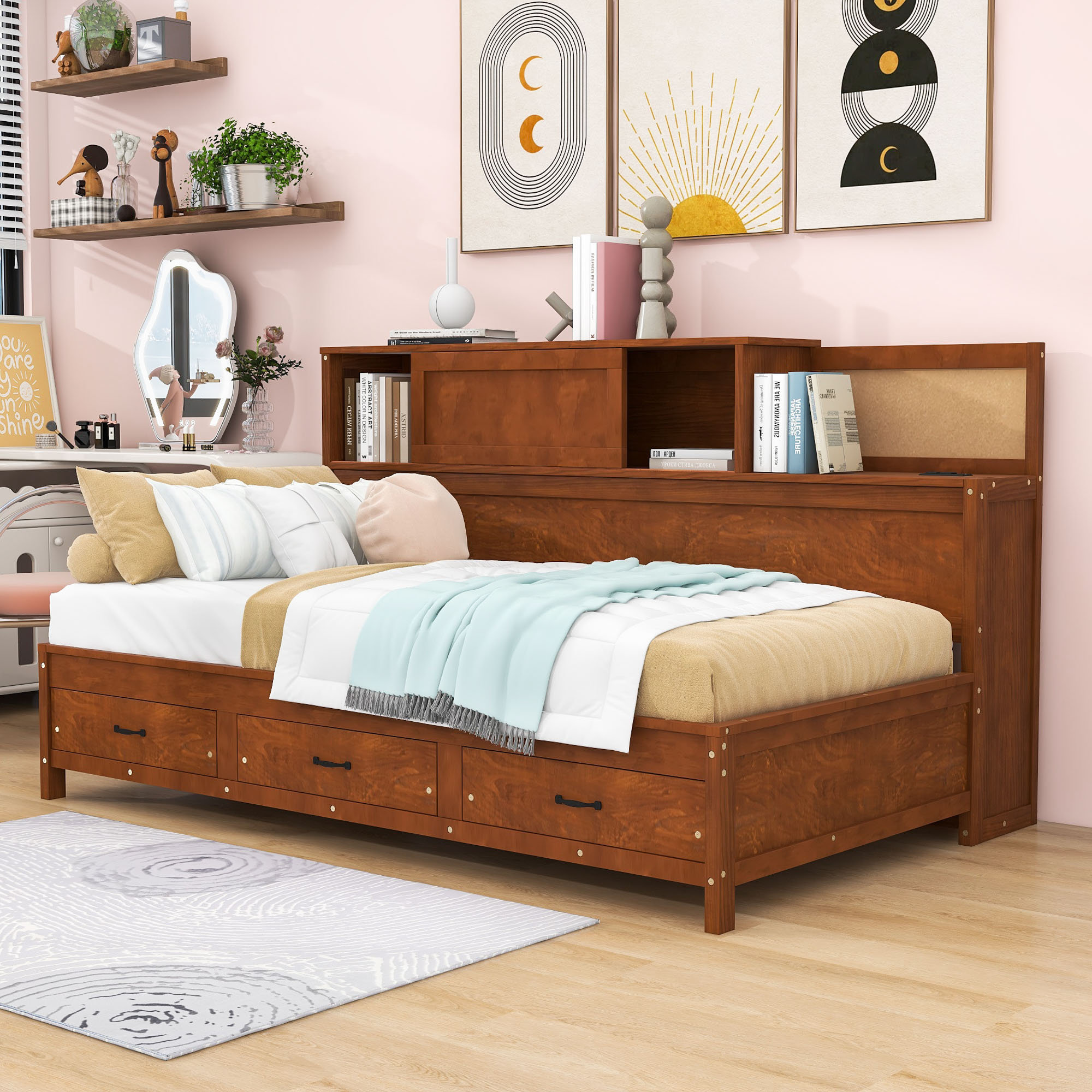 Lark Manor™ 3 Drawers Wooden Daybed with Pushable Shelf, USB & Socket ...
