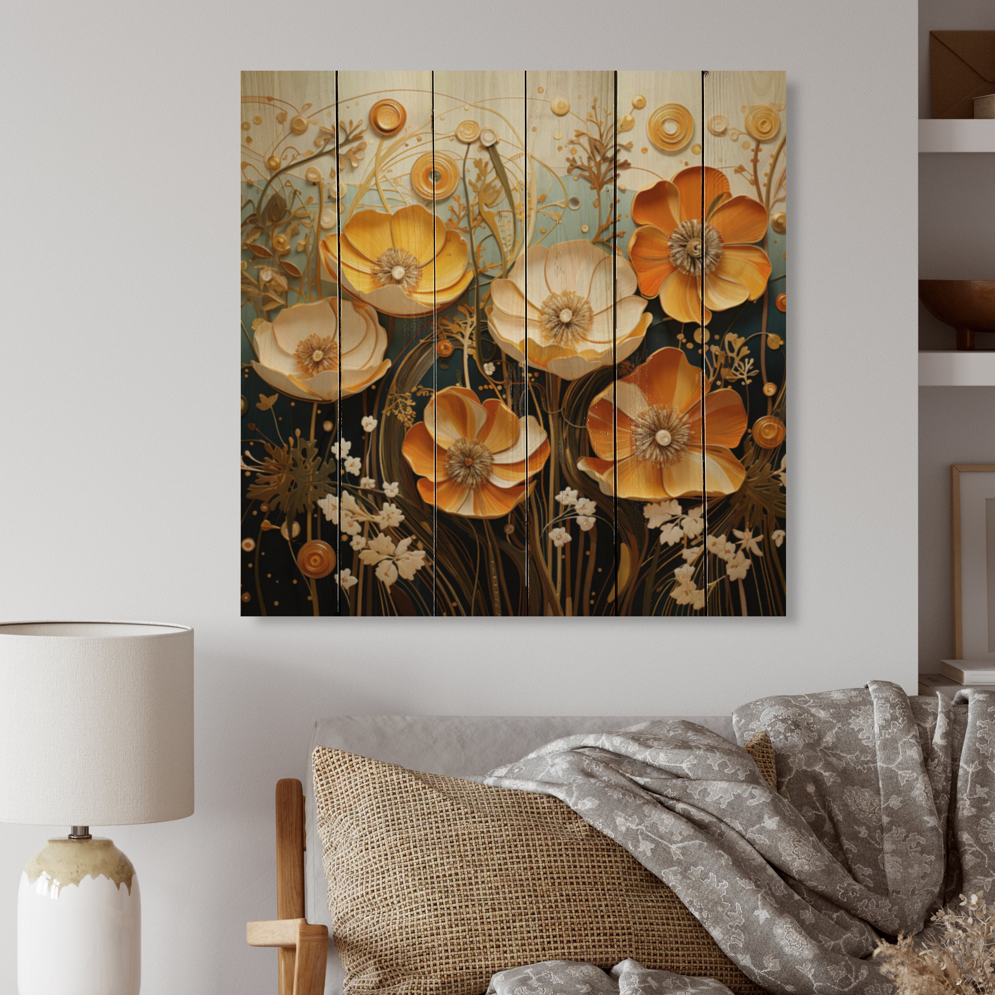 Red Barrel Studio® Kauri Peach Orange Flowers Sunny Buttercups On Wood ...