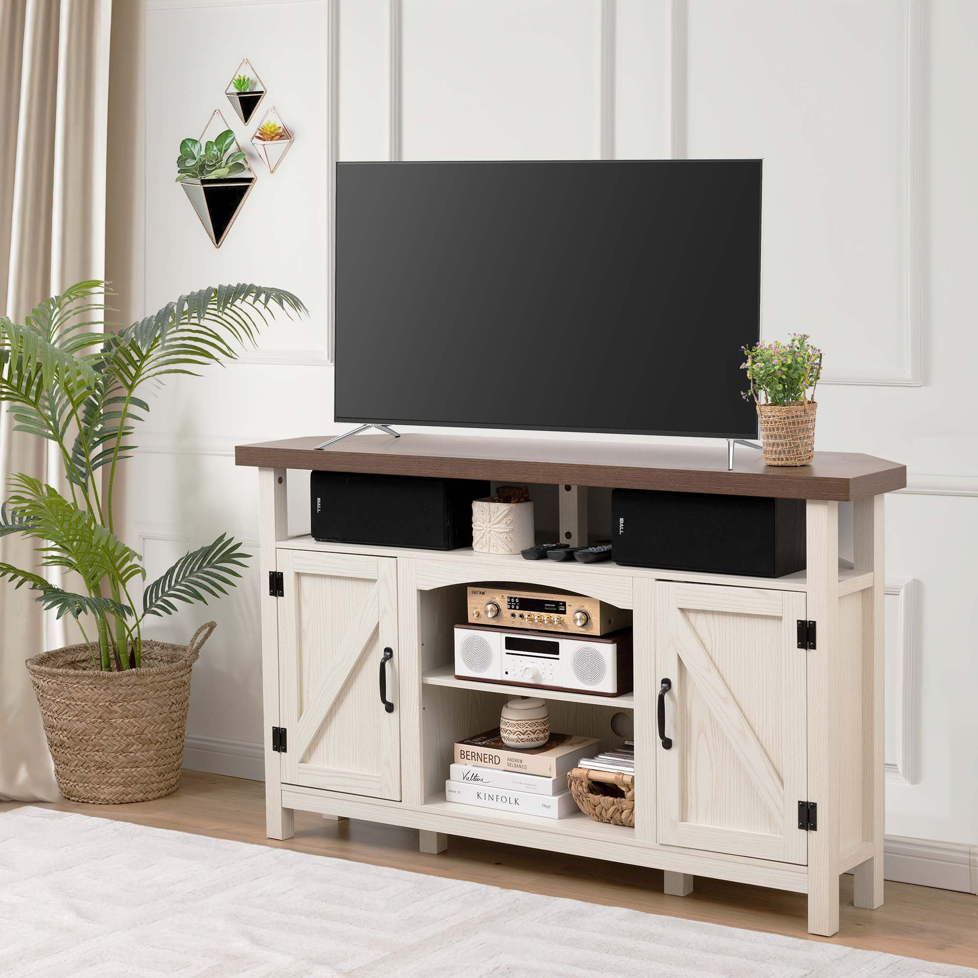 Gracie Oaks Nasho Farmhouse Corner TV Stand with USB Ports and Outlet ...