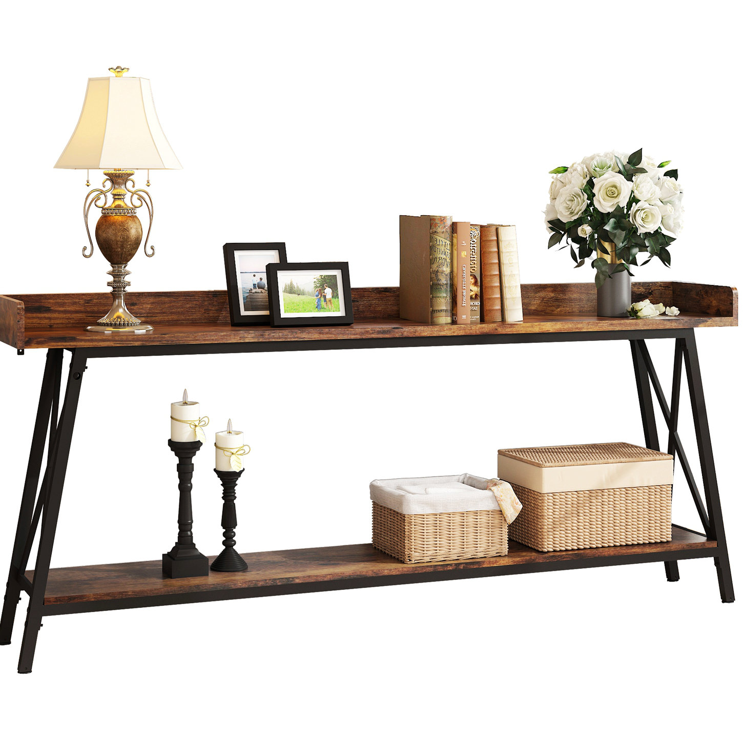 George Oliver Extra Long Console Table, Rustic Industrial Sofa Table ...