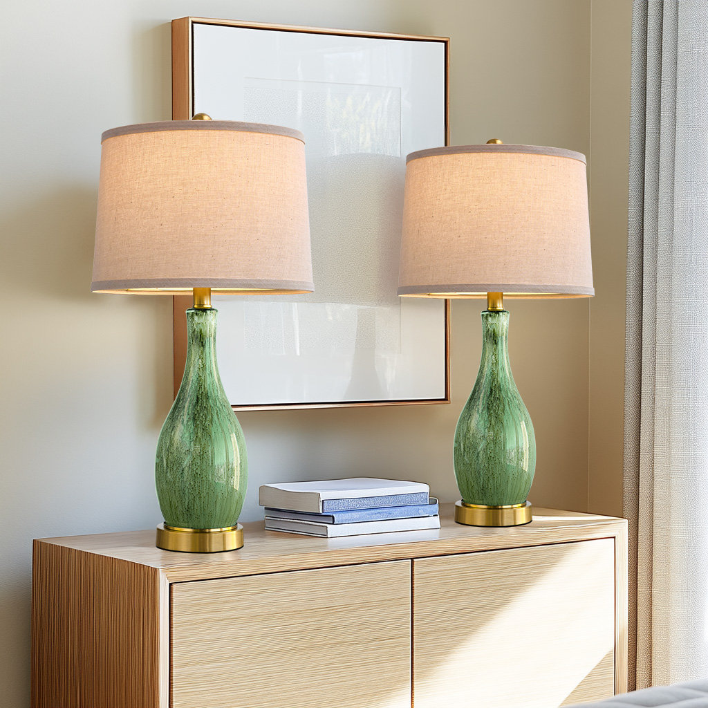 Mercer41 24.5"modern Table Lamp Set, Gradient Green Art Glass Bedside ...