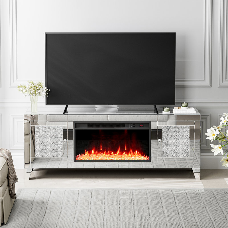 Everly Quinn Mirrored Silver Fireplace TV Stand With 2 Cabinets For 65 ...