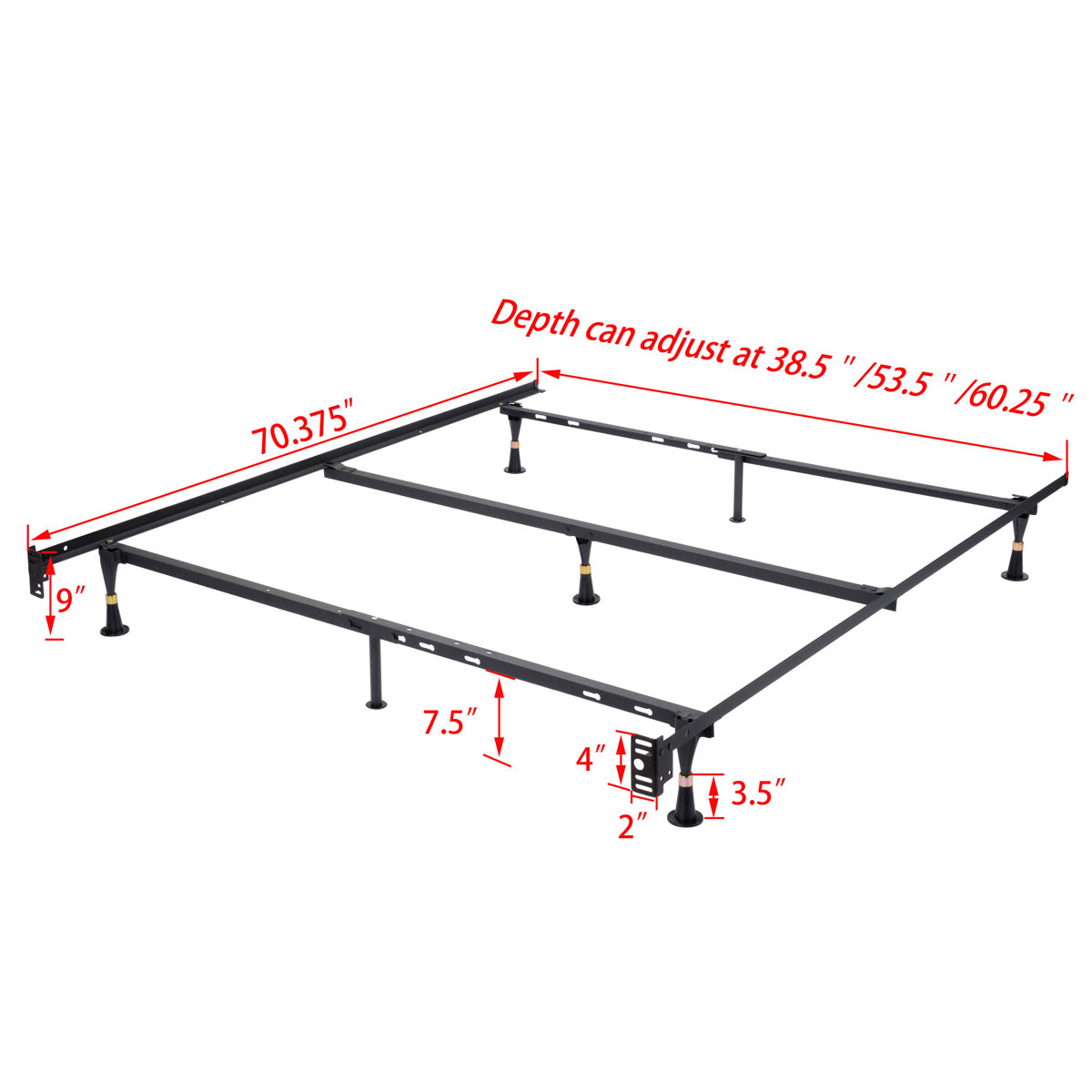 Alwyn Home Adjustable Metal Bed Frame with Center Support Rail, Support ...