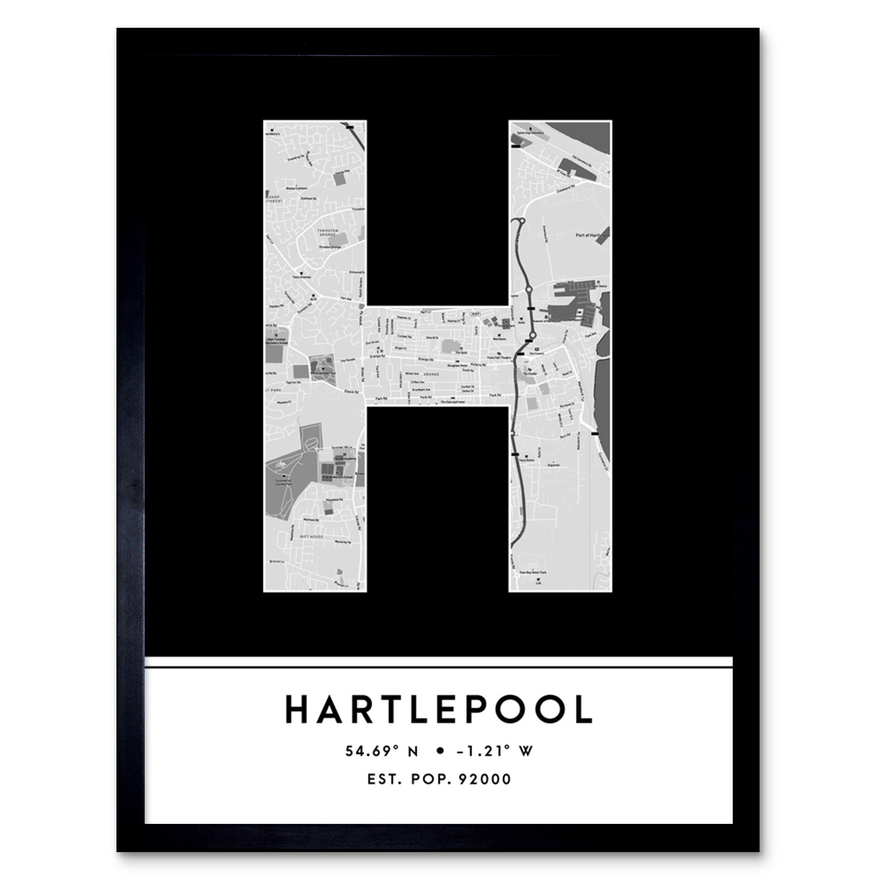 Wee Blue Coo Hartlepool City Map Hartlepool Black & White - Single ...