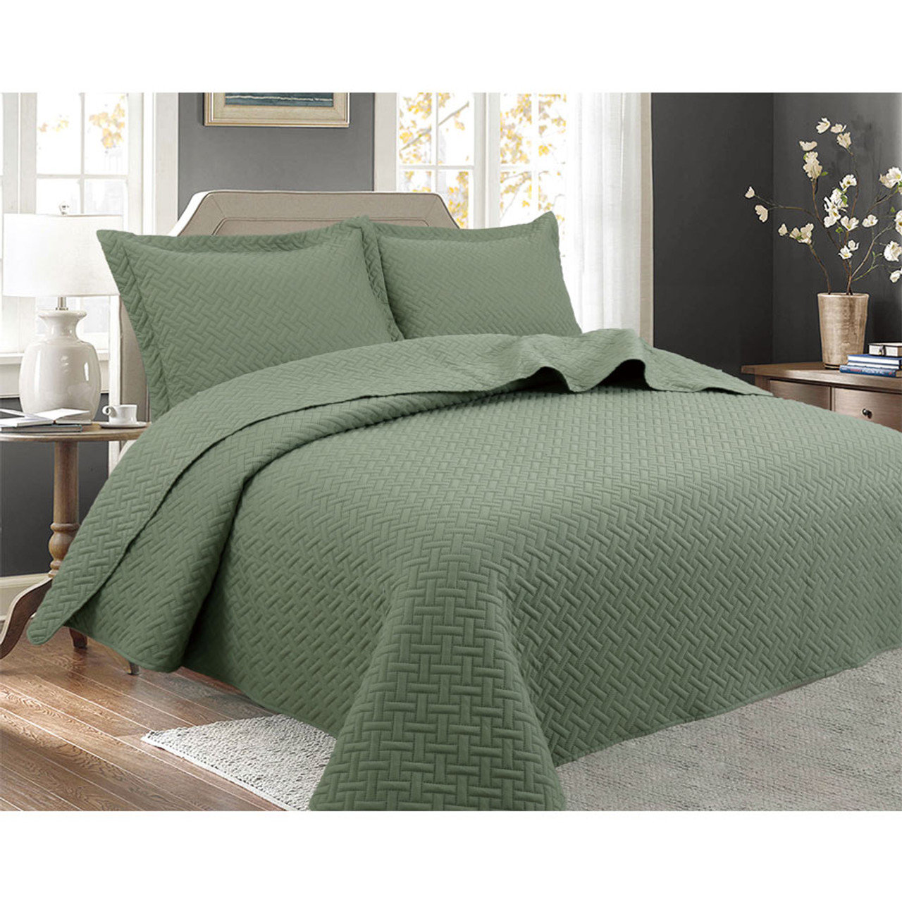 Legacy Decor Jade Green Microfiber Reversible 3 Piece Coverlet Set ...