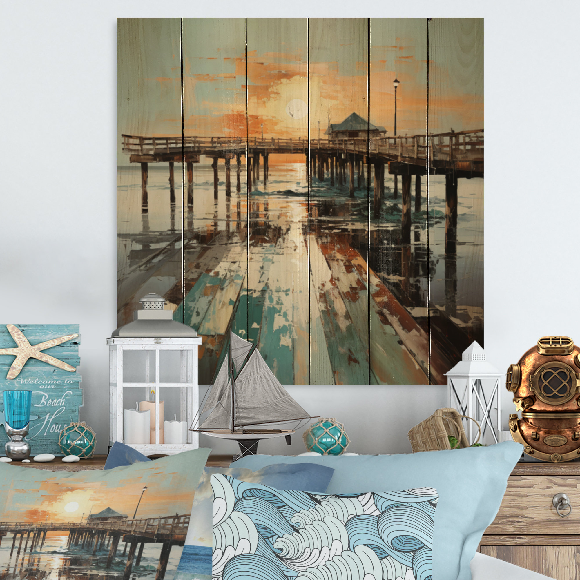 17 Stories Coastal Pier Perspective Pointillism II - Unframed Print on ...