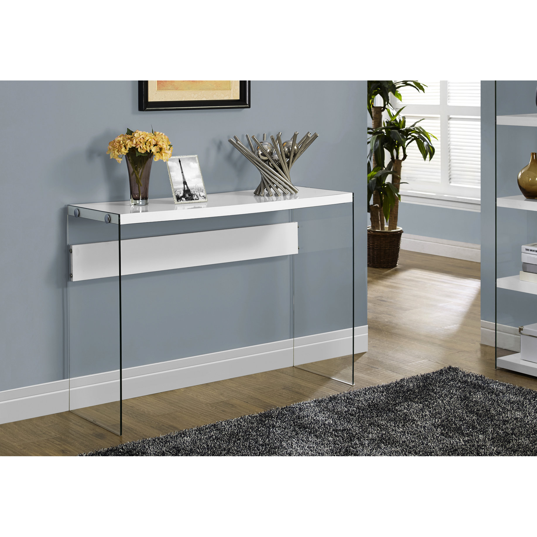 Latitude Run® Glossy White Bedroom Console With Clear Glass, Adding ...