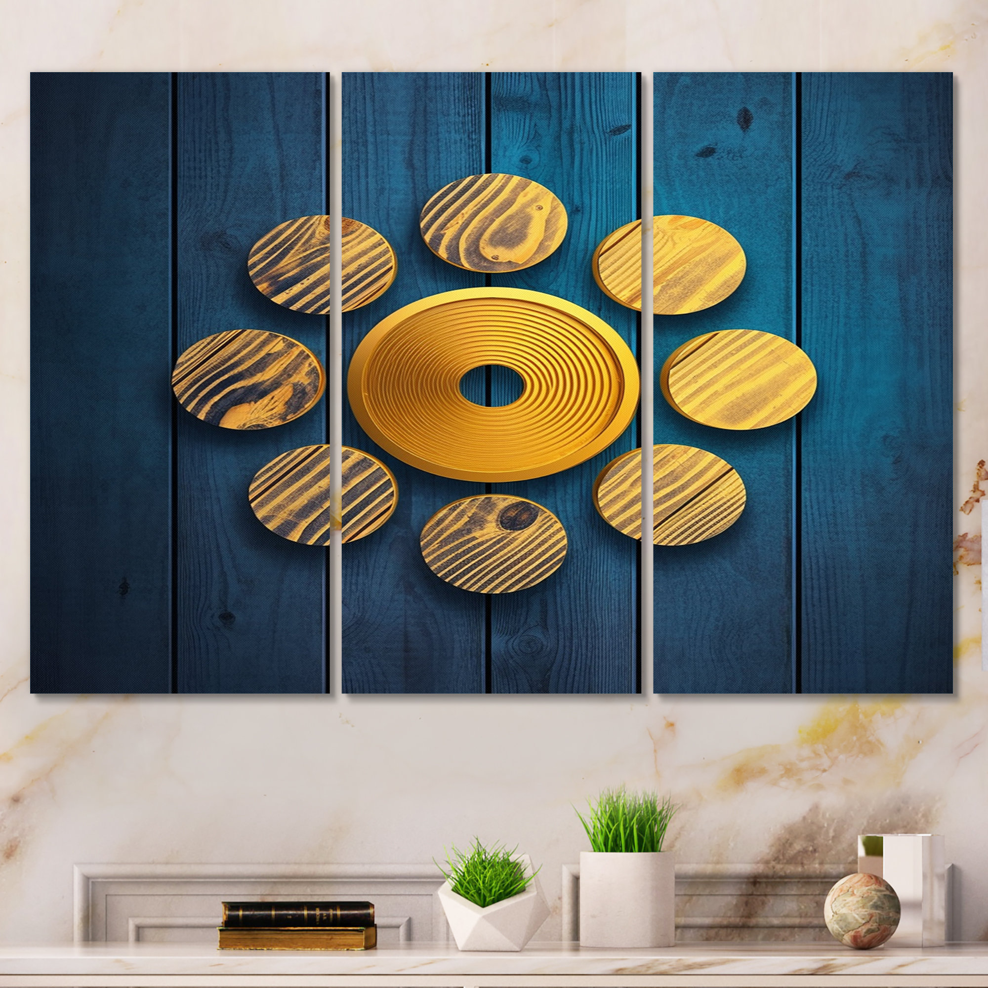 Design Art Sacred Geometry In Blue And Gold - Modern Geometric Wall ...