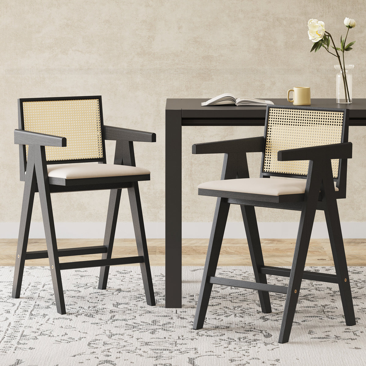 Bayou Breeze Height Woven Cane Plastic Backrest Bar Stool | Wayfair