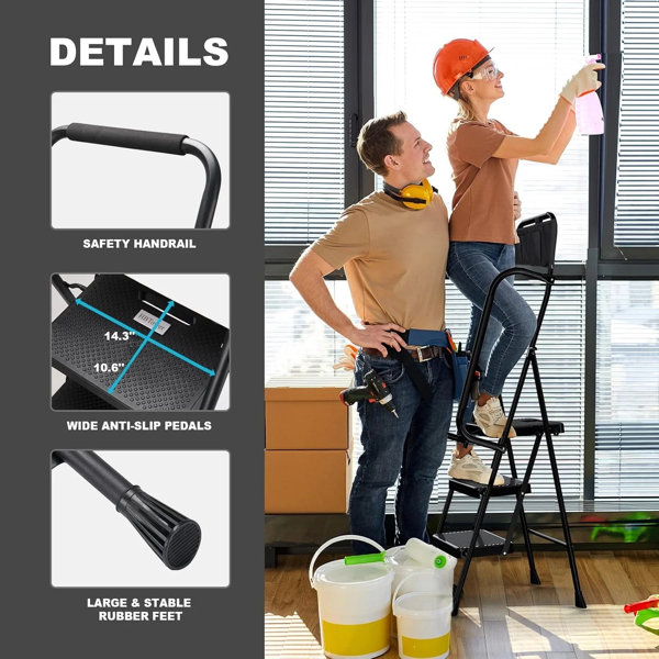 WFX Utility™ 3 Step Ladder with Handrails, Folding Step Stool with ...