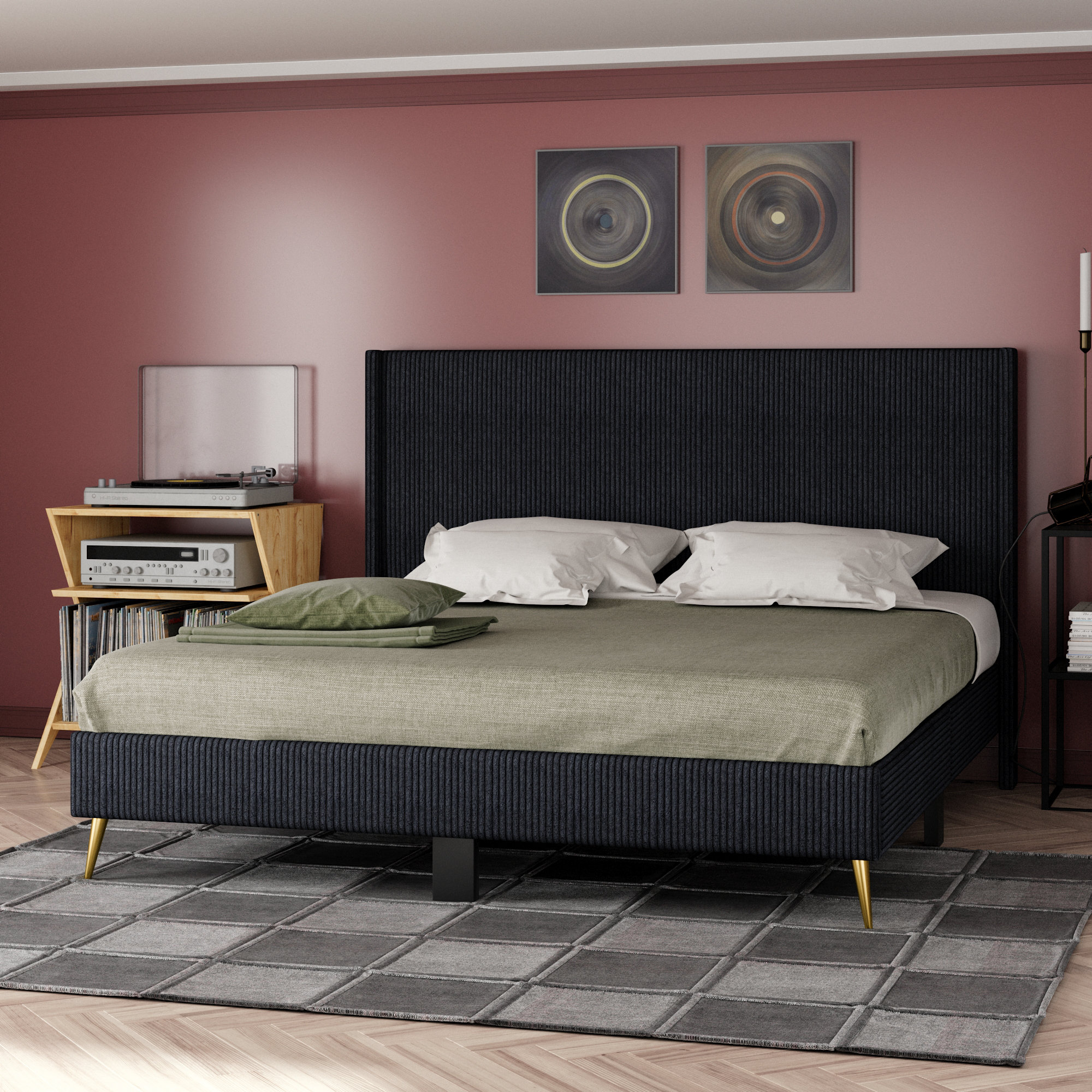 Mercer41 Shannock Corduroy Upholstered Wingback Bed With Gold Metal ...