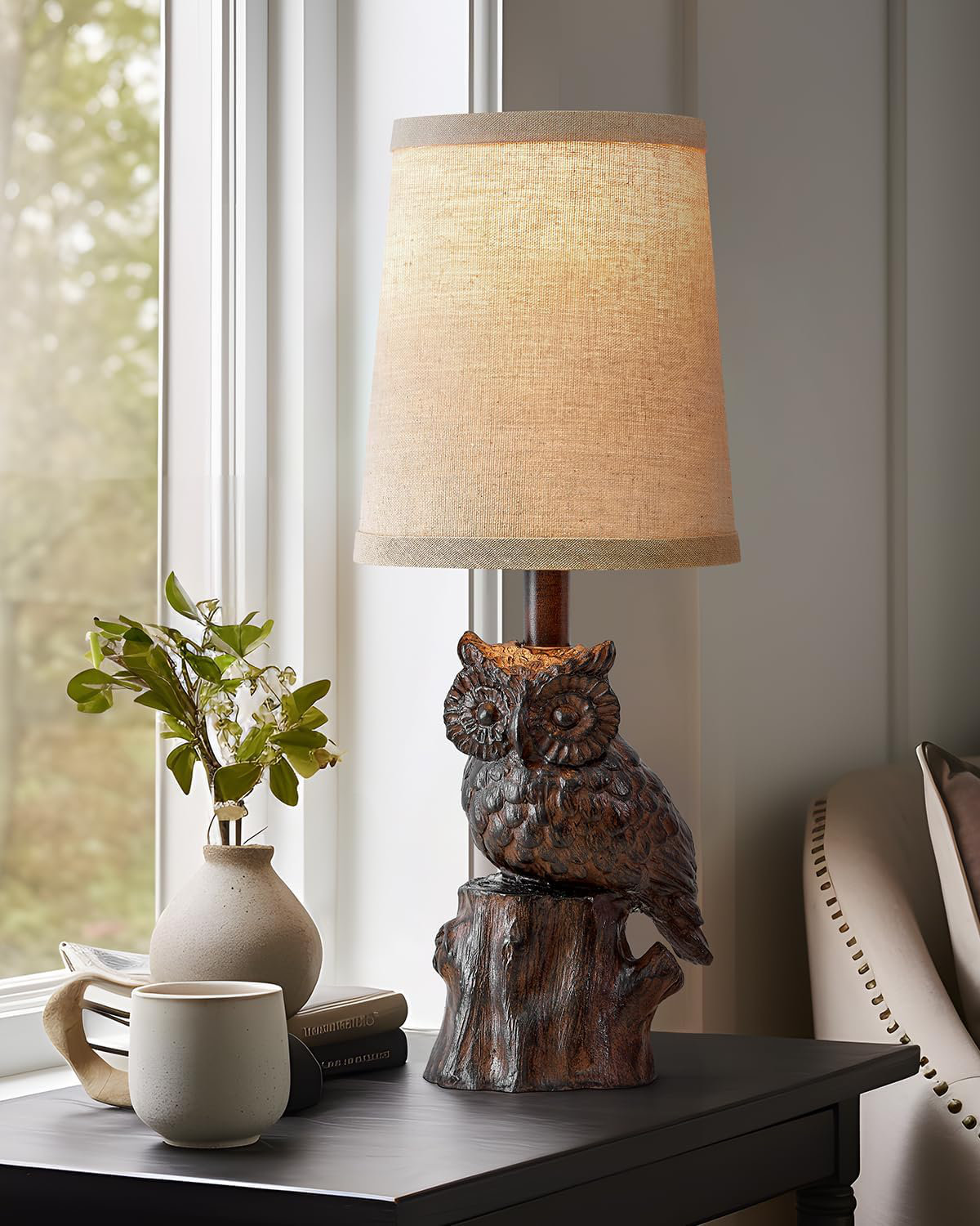 Millwood Pines Farmhouse Style Owl Table Lamp With Linen Shade And ...
