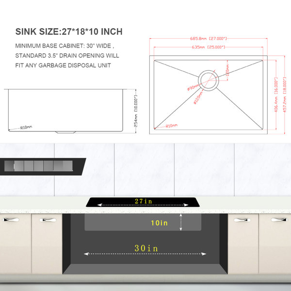 EchoElegance 27 Inch 16 Gauge 304 Stainless Steel Undermount Kitchen ...