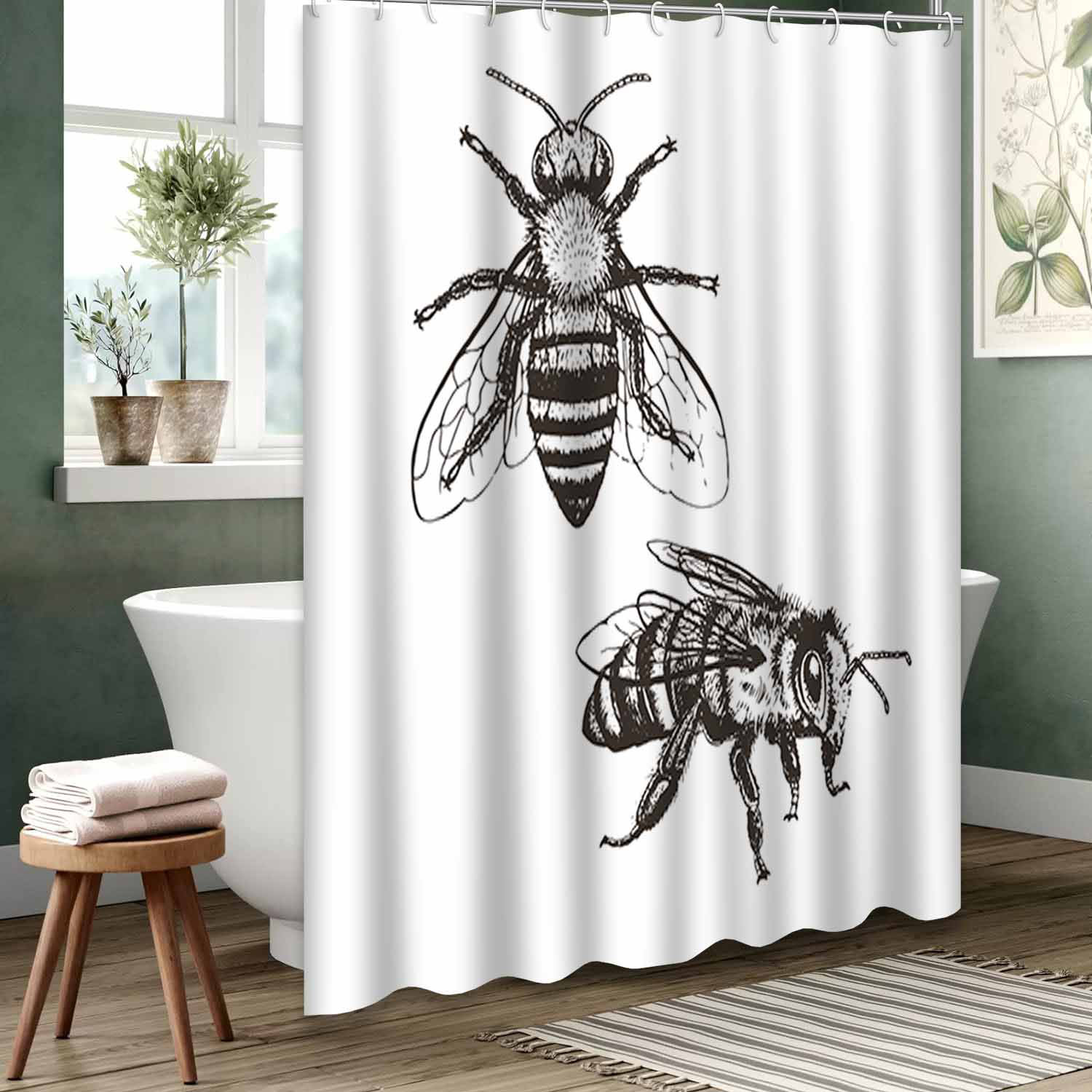 East Urban Home White Waterproof Shower Curtain,Bee Vintage Brown and Graphic Doodle Honey ...