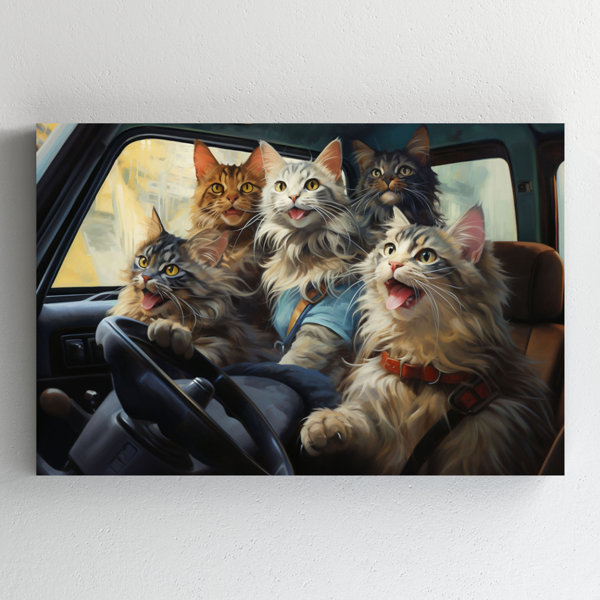 Latitude Run® Cats On Car Gallery Wrapped Canvas - Pet Illustration ...