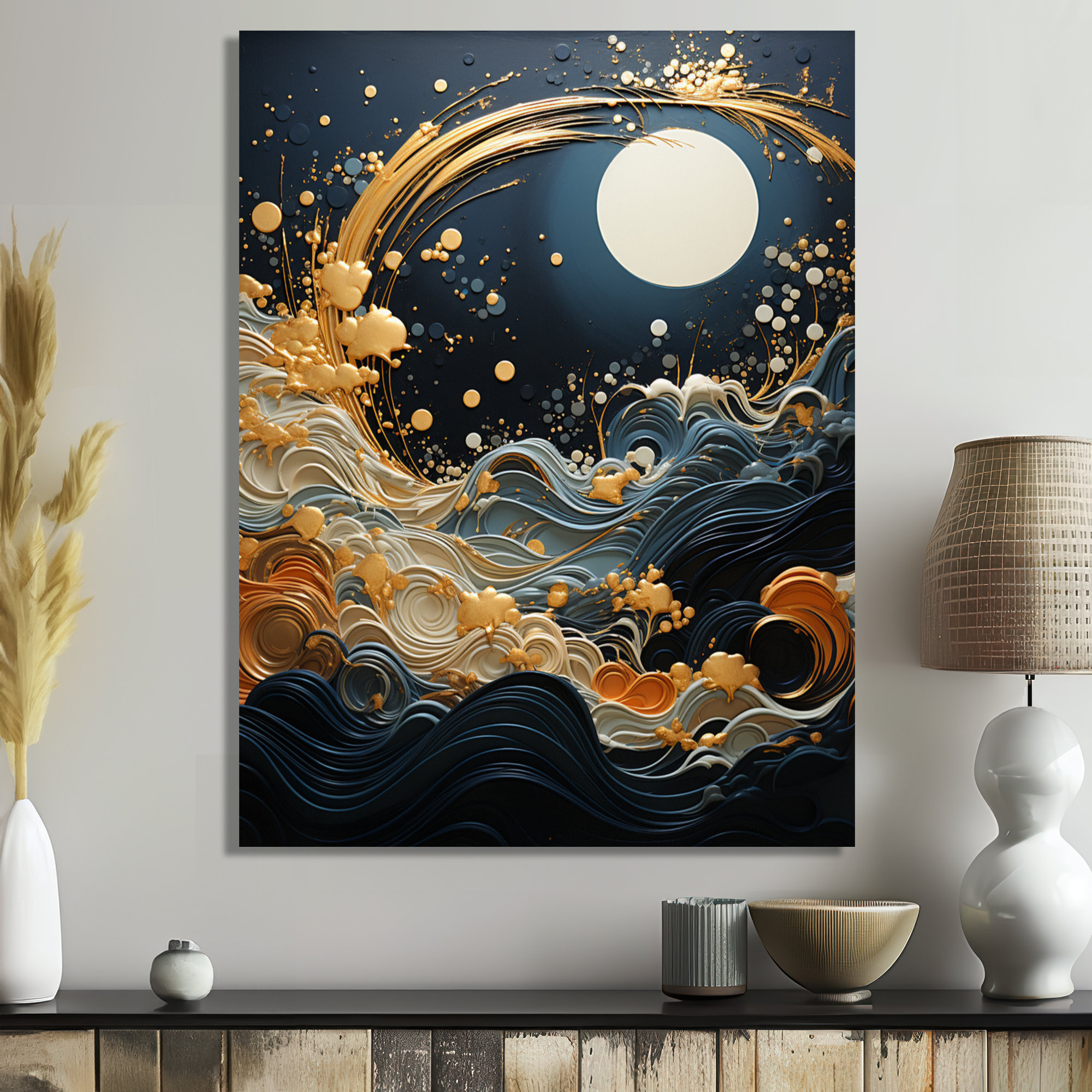Mercer41 Wild Ocean Waves Under Magical Full Moon - Coastal Wall Art ...