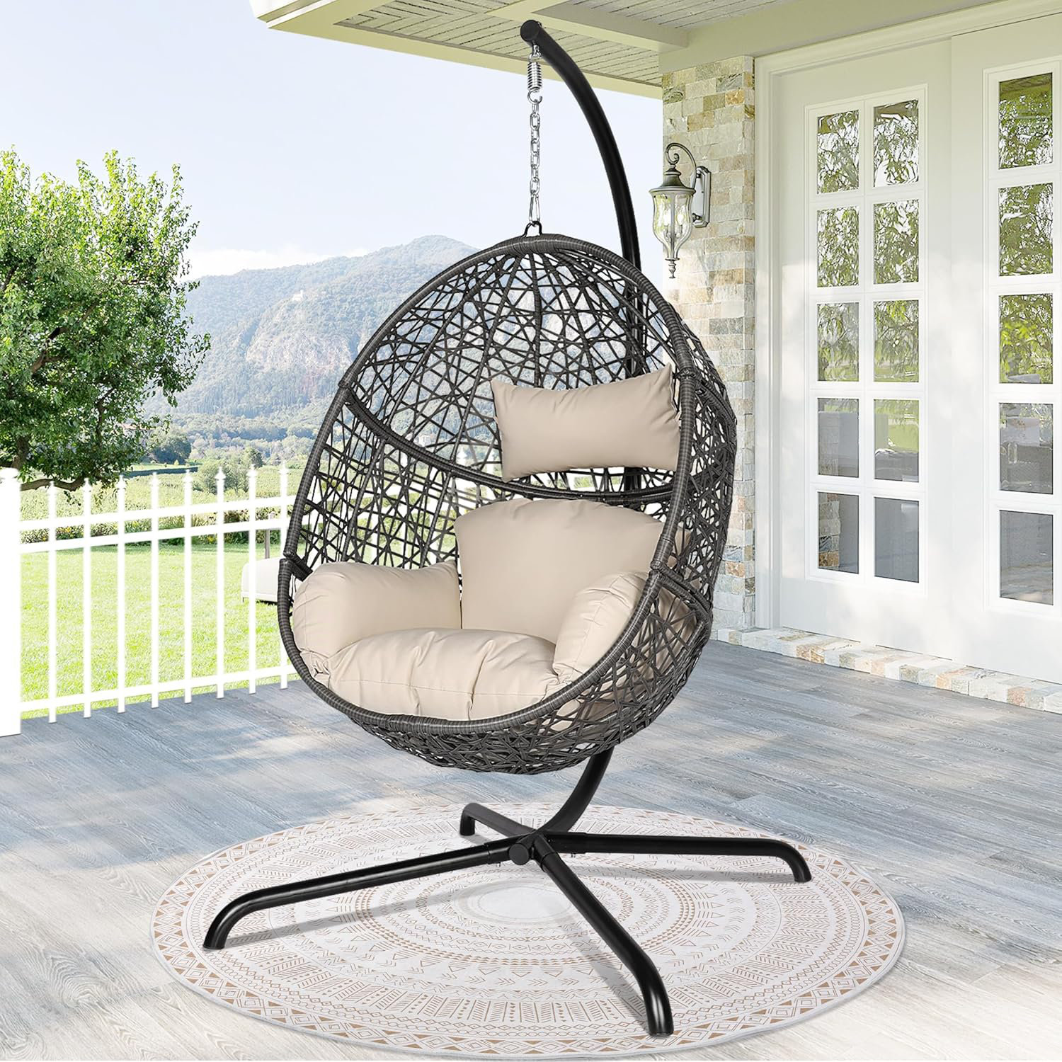 Dakota Fields Oversized Swing Egg Chair with Stand Indoor Outdoor PE Wicker Rattan Patio Basket ...
