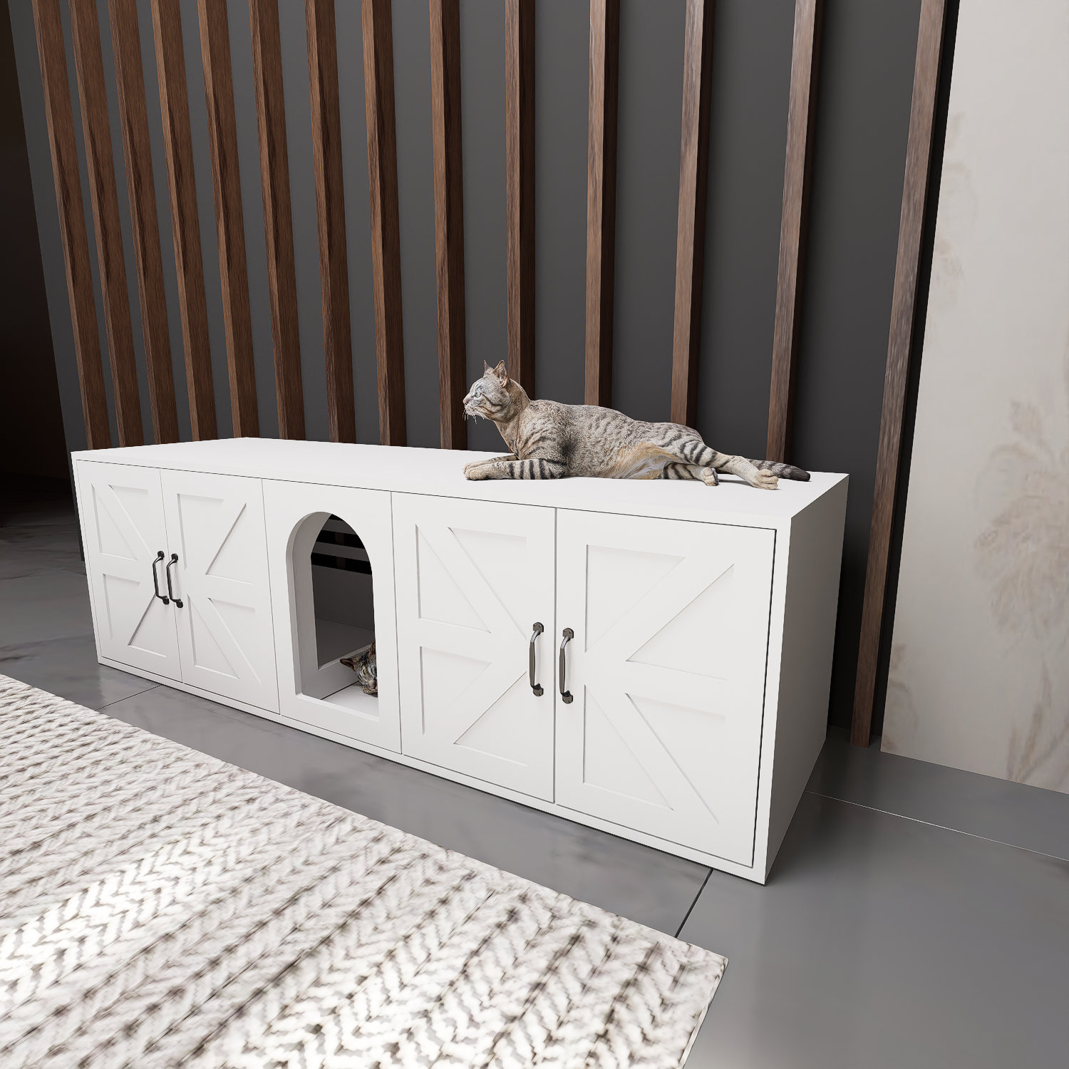 Tucker Murphy Pet™ White Cat Litter Box Fence For 2 Cats, Modern Cat ...