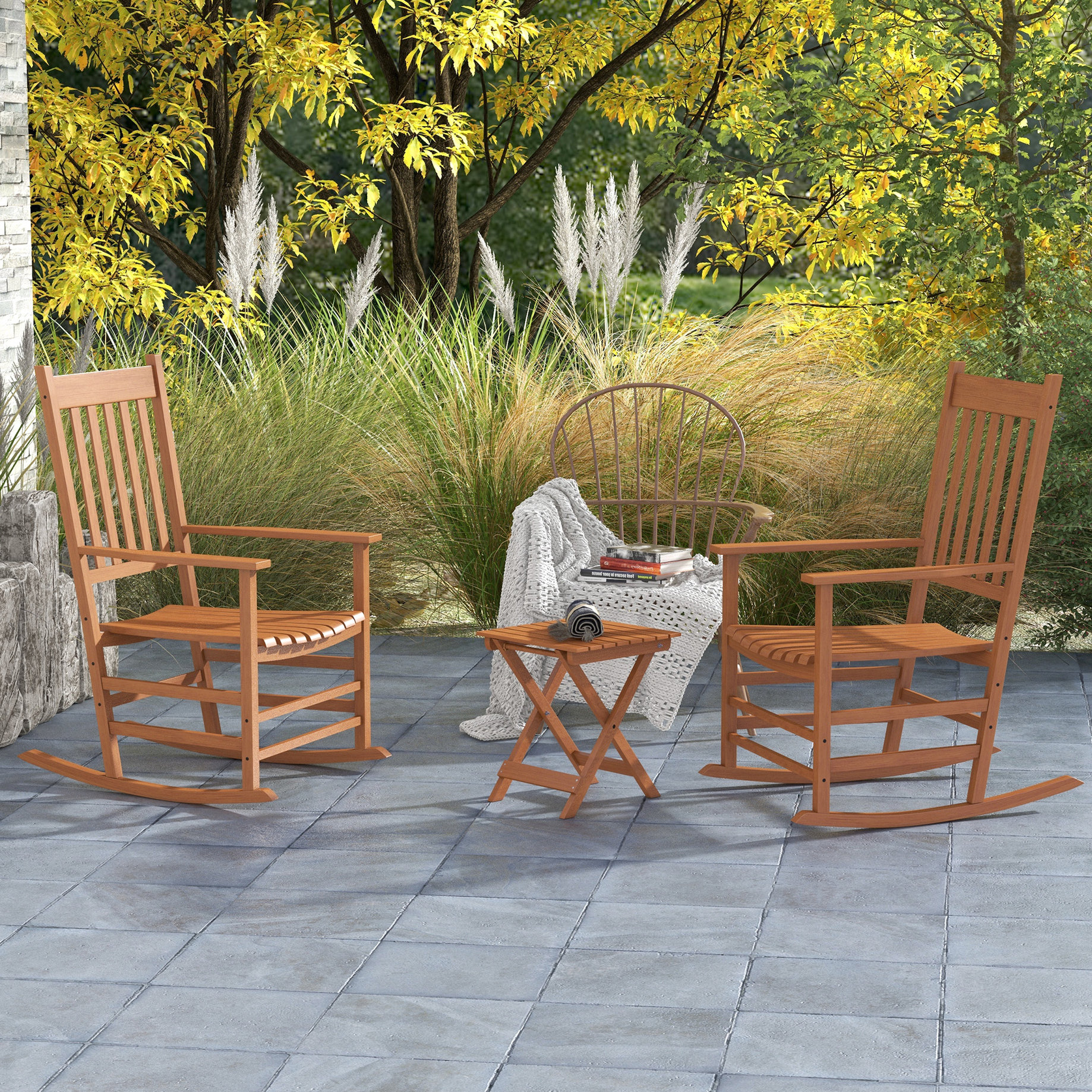 Winston Porter 2 Patio Rocking Chair With Side Table, Wooden Placid ...